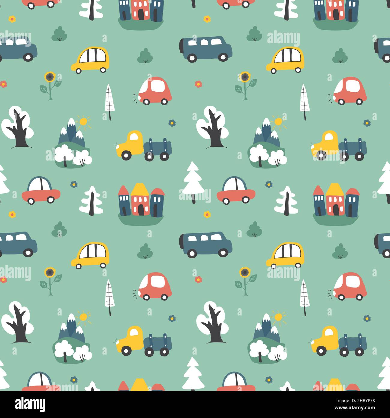 Cute Cars Seamless Pattern, Cartoon transportation Doodles Background ...