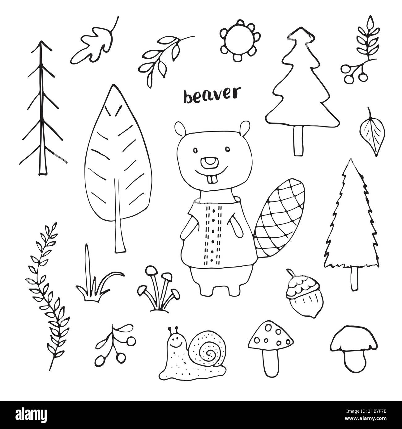 Cute Beaver in forest. Cartoon Animal in Woodland with trees and plants ...