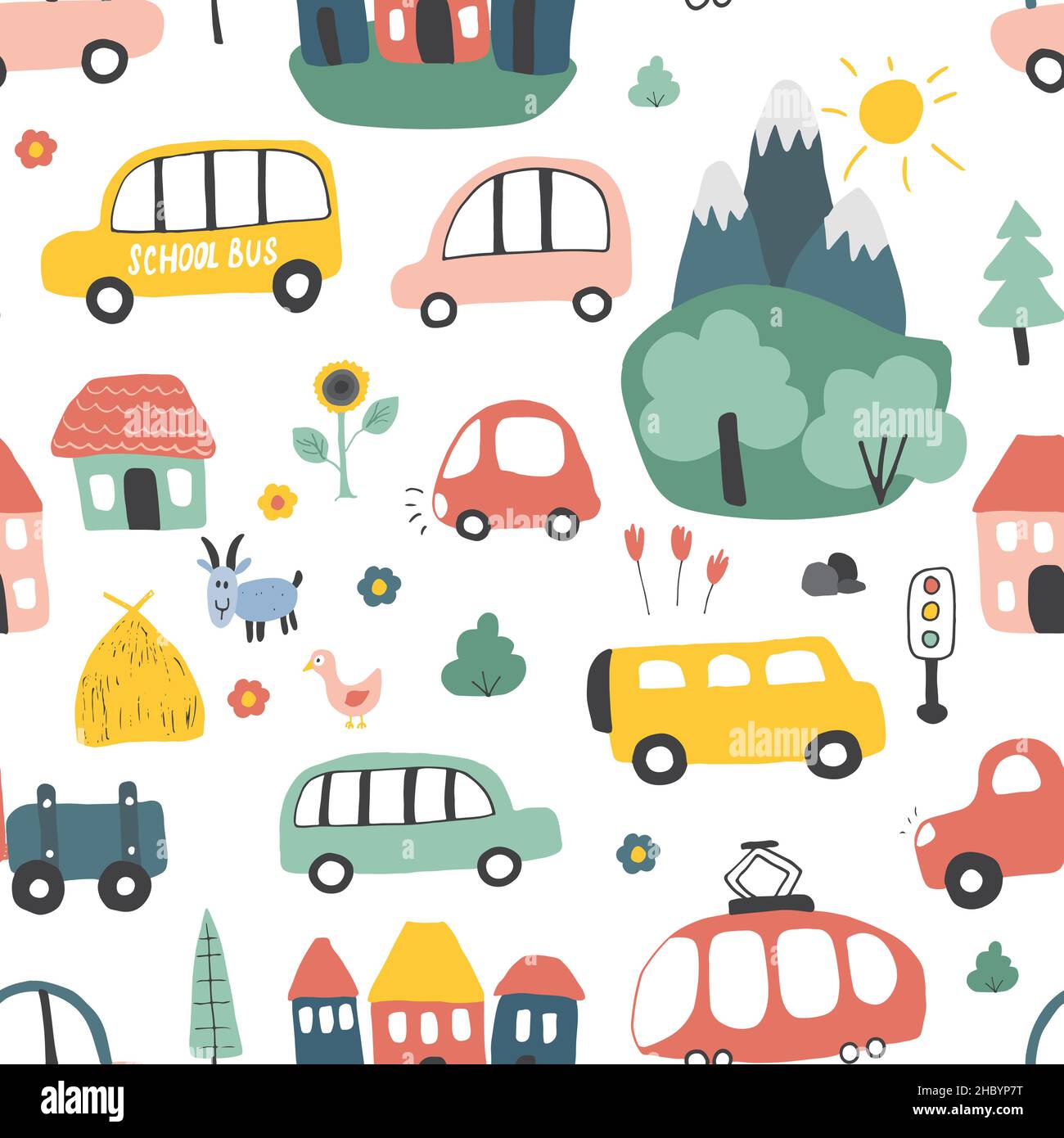 Cute Cars Seamless Pattern, Cartoon transportation Doodles Background ...