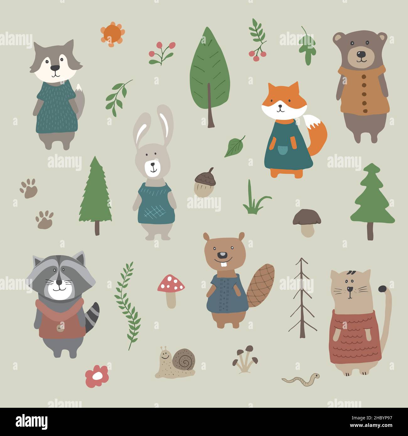 Cute Animals in clothes. Cartoon forest wildlife animals collection ...