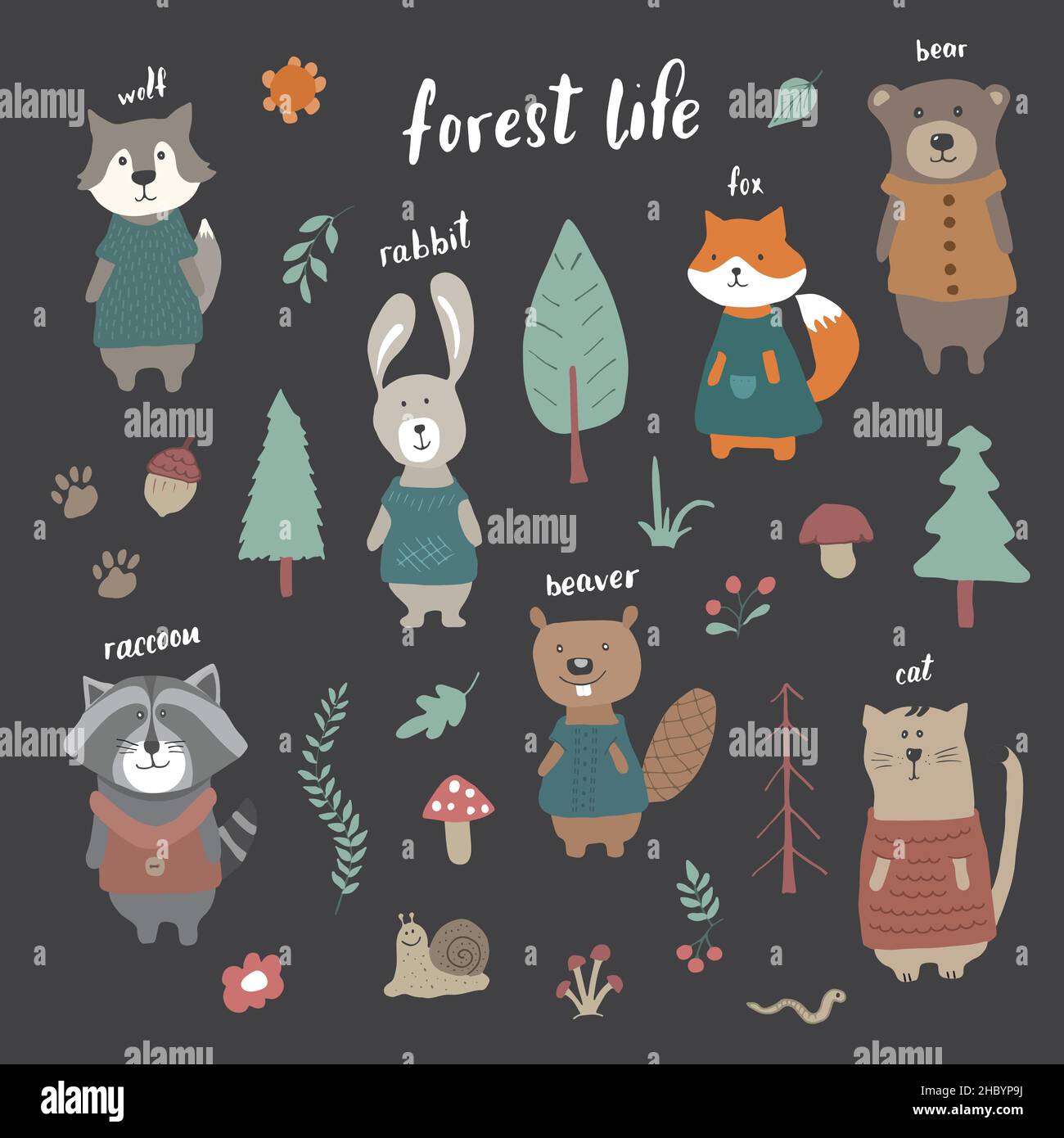 Cute Animals in clothes. Cartoon forest wildlife animals collection ...