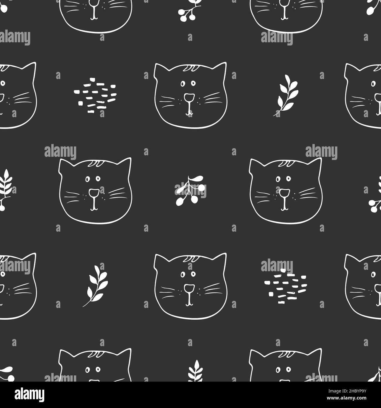 Cute Cat Seamless pattern. Cartoon Animals in forest background. Vector ...