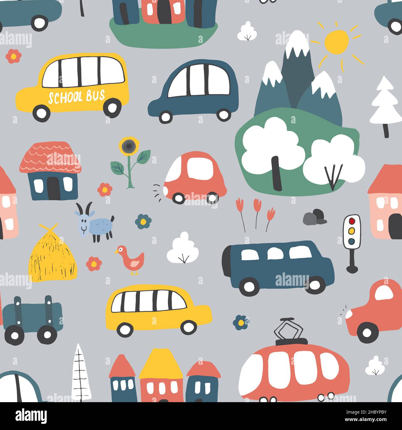 Cute Cars Seamless Pattern, Cartoon transportation Doodles Background ...
