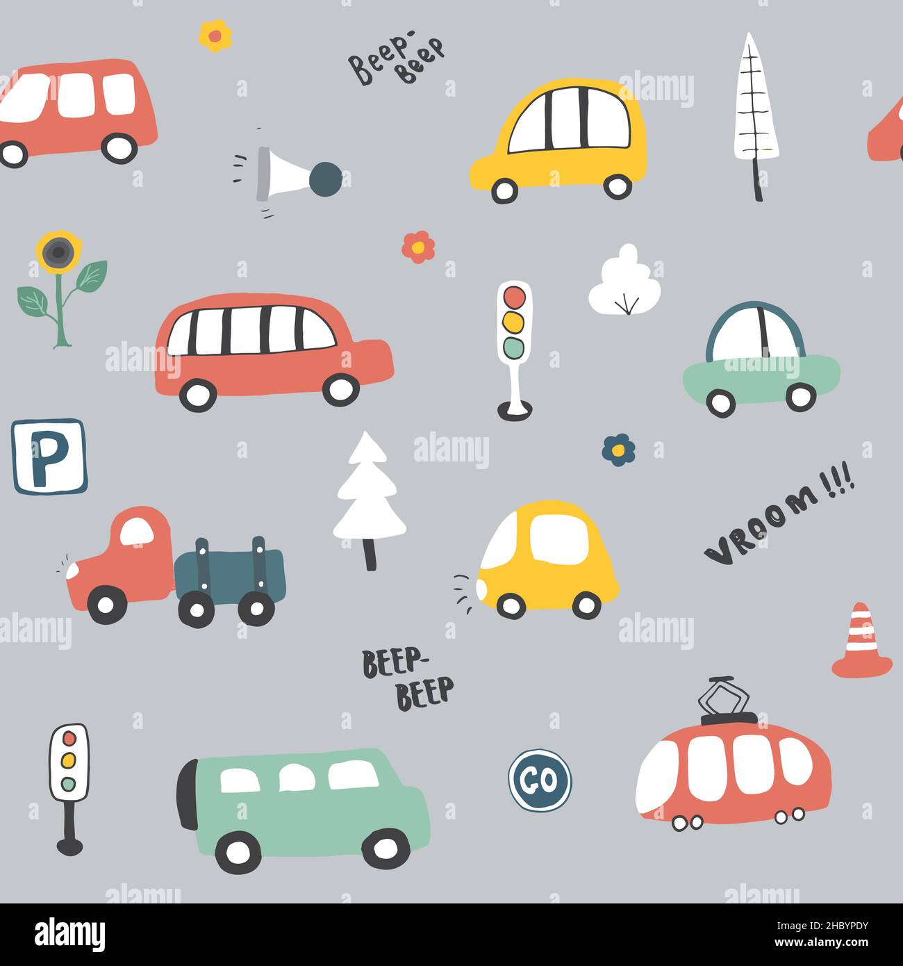 Cute Cars Seamless Pattern, Cartoon transportation Doodles Background ...