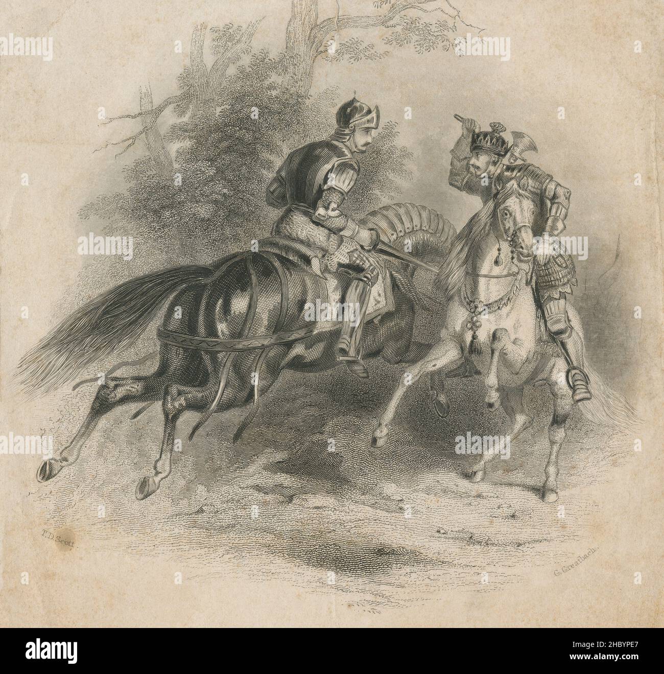 Antique circa 1830 engraving, the encounter of King Robert Bruce and ...