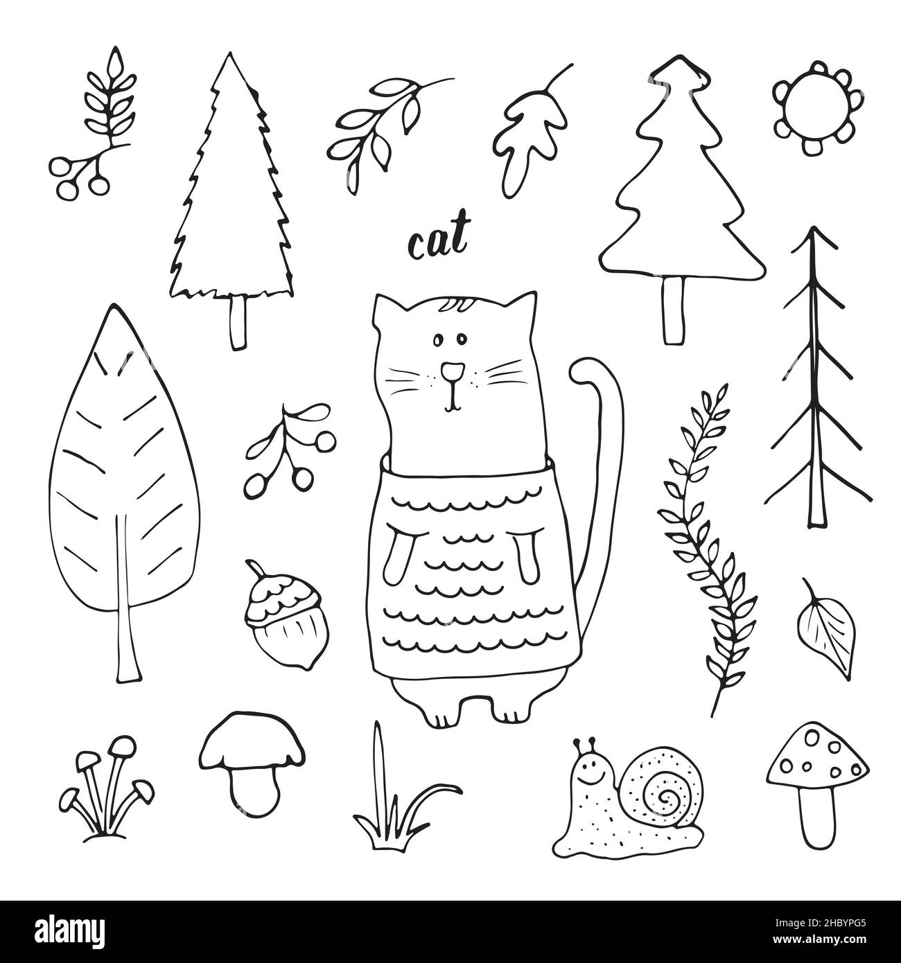 Cute Cat in forest. Cartoon Animal in Woodland with trees and plants ...