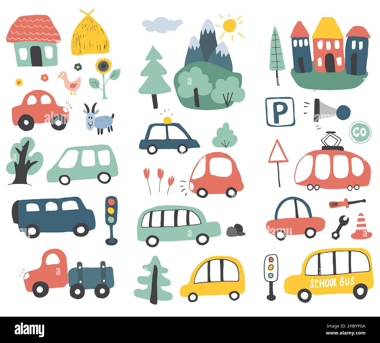 Cars Cartoon Set. Cute transport Doodles collection, vector ...