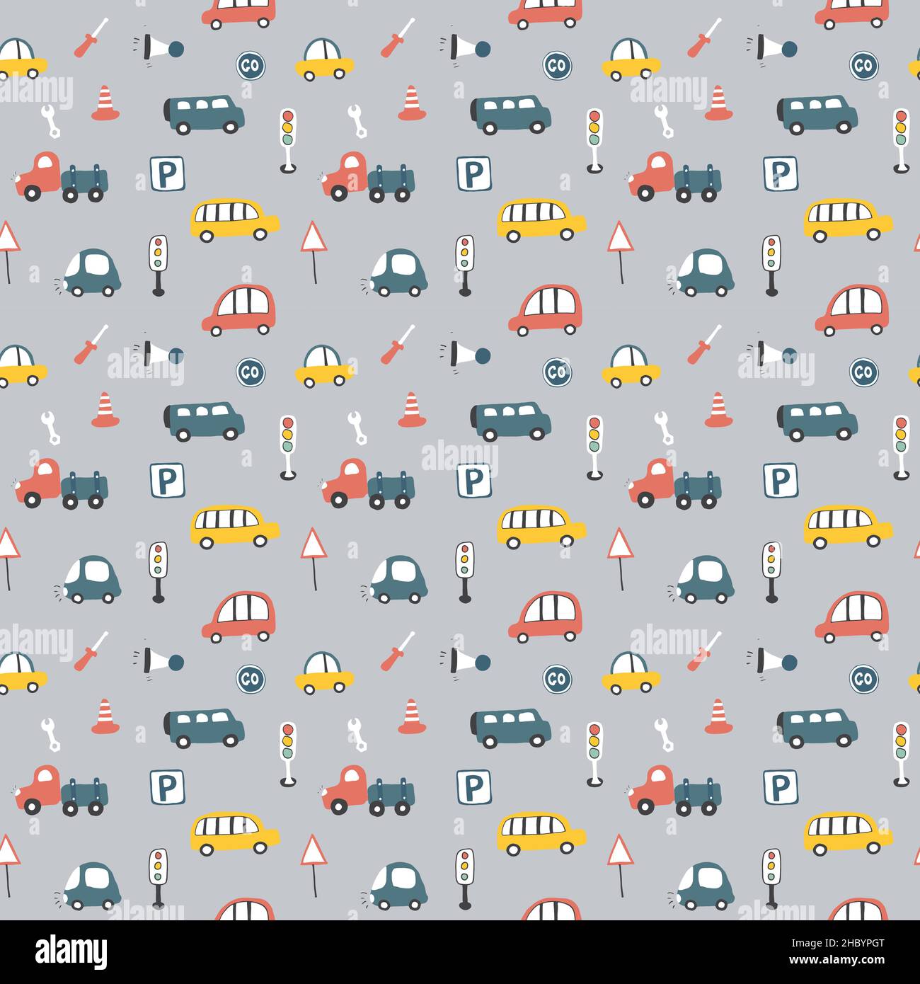 Cute Cars Seamless Pattern, Cartoon transportation Doodles Background ...