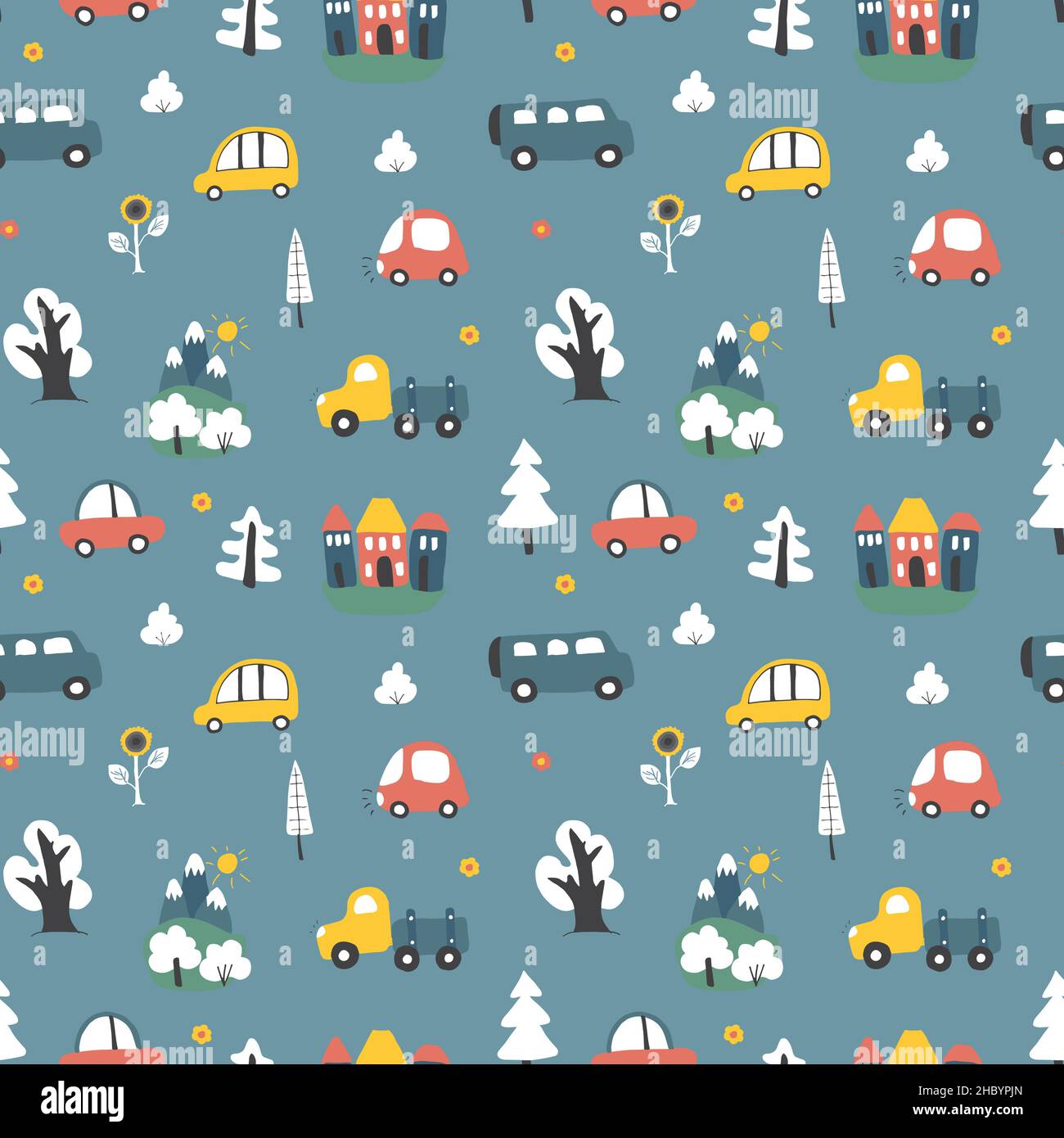 Cute Cars Seamless Pattern, Cartoon transportation Doodles Background ...
