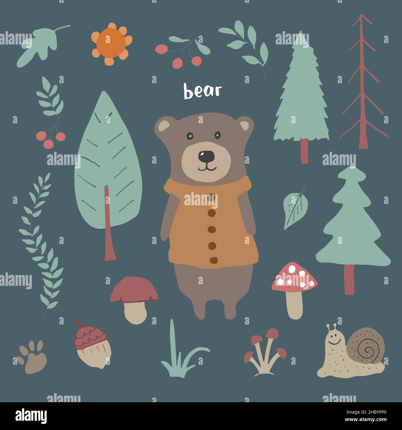 Cute Bear in forest. Cartoon Animal in Woodland with trees and plants ...
