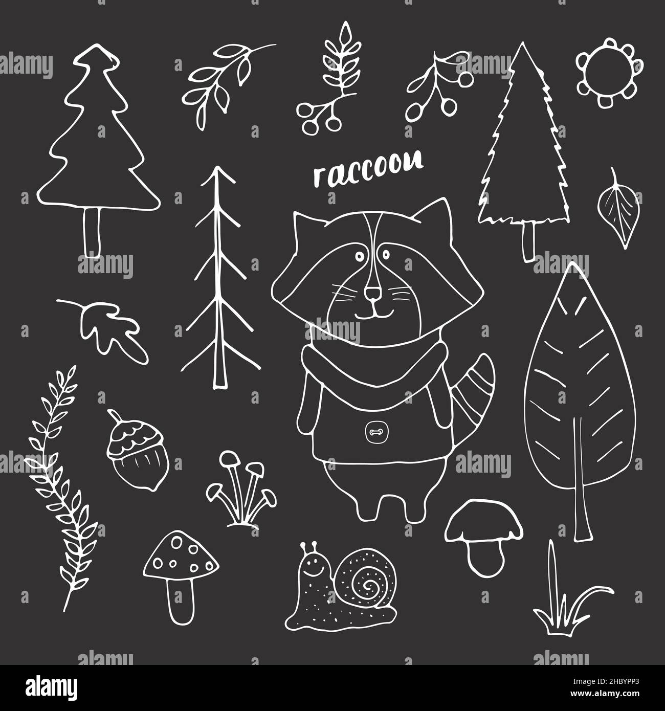 Cute Raccoon in forest. Cartoon Animal in Woodland with trees and ...