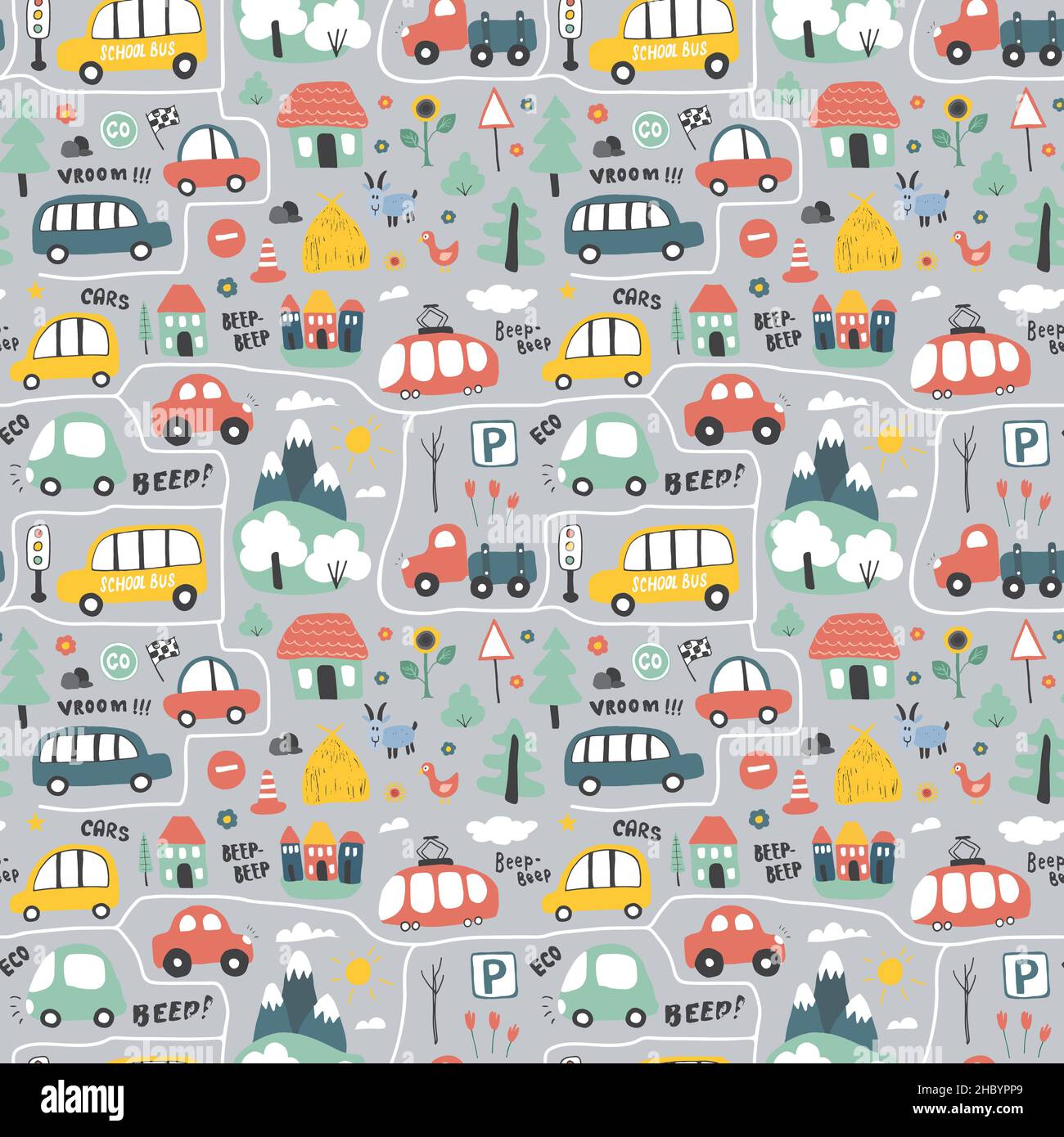Cute Cars Seamless Pattern, Cartoon transportation Doodles Background ...