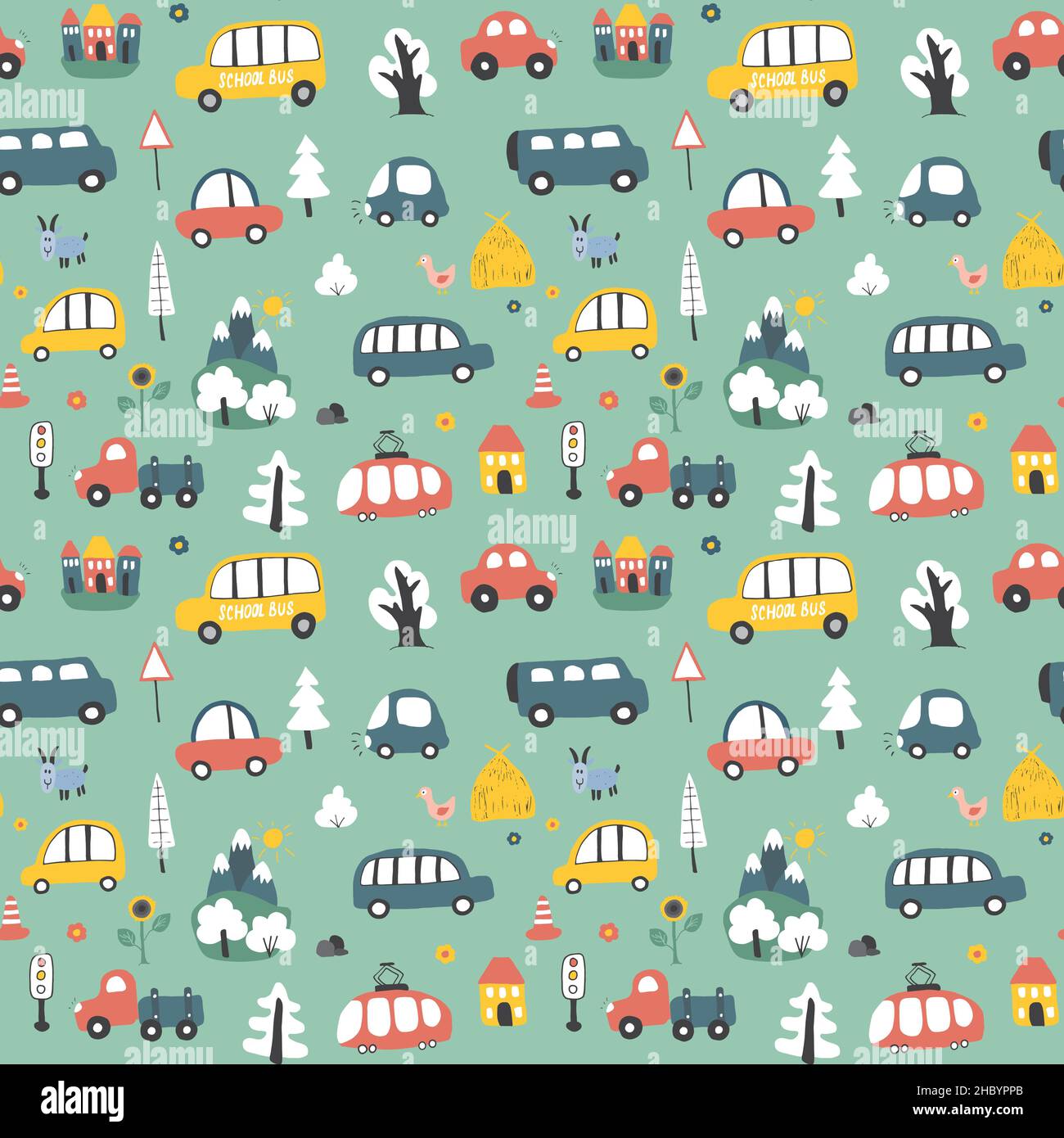 Cute Cars Seamless Pattern, Cartoon transportation Doodles Background ...