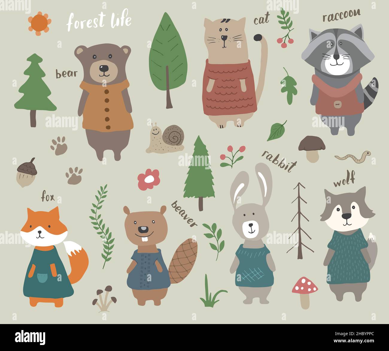 Cute Animals in clothes. Cartoon forest wildlife animals collection ...