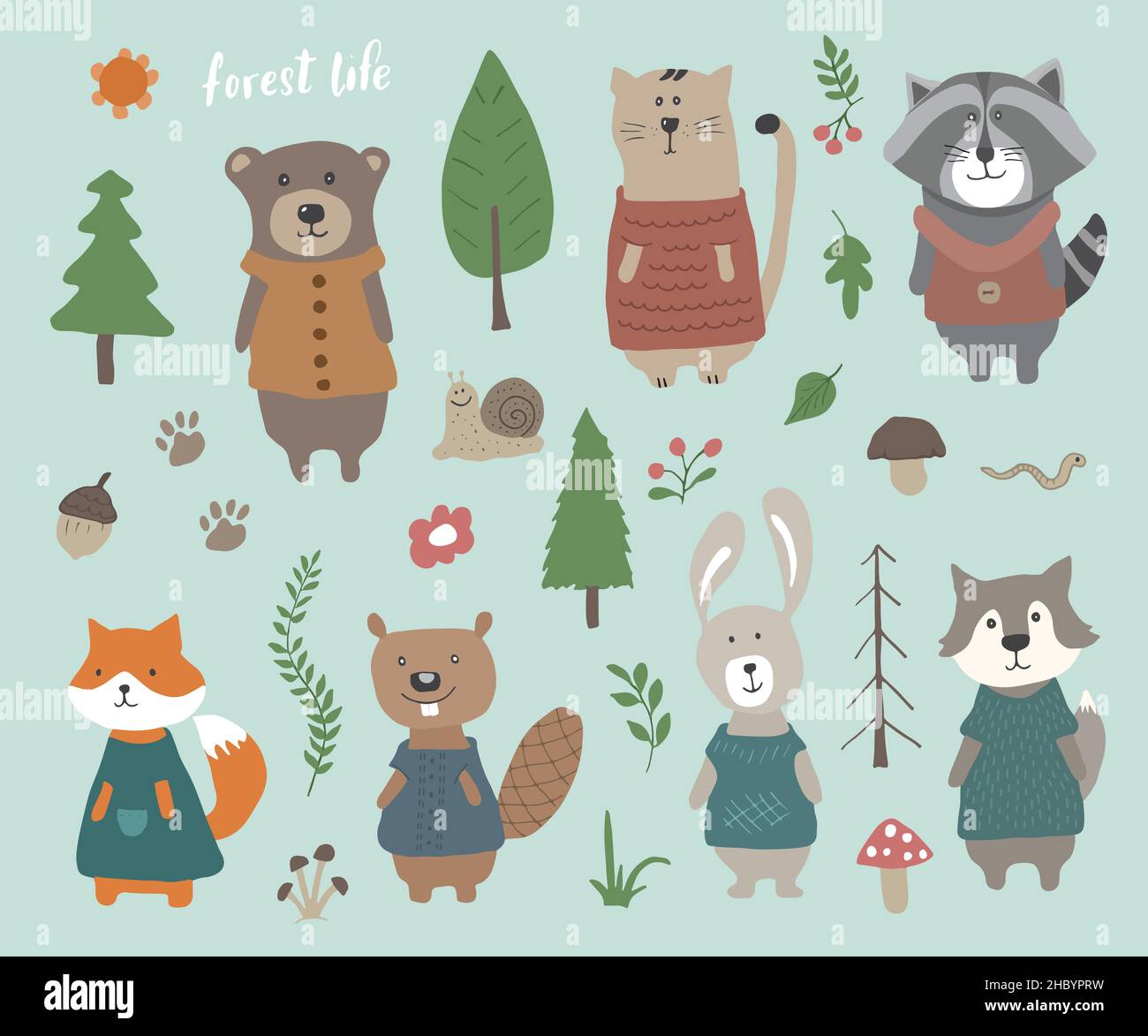 Cute Animals in clothes. Cartoon forest wildlife animals collection ...