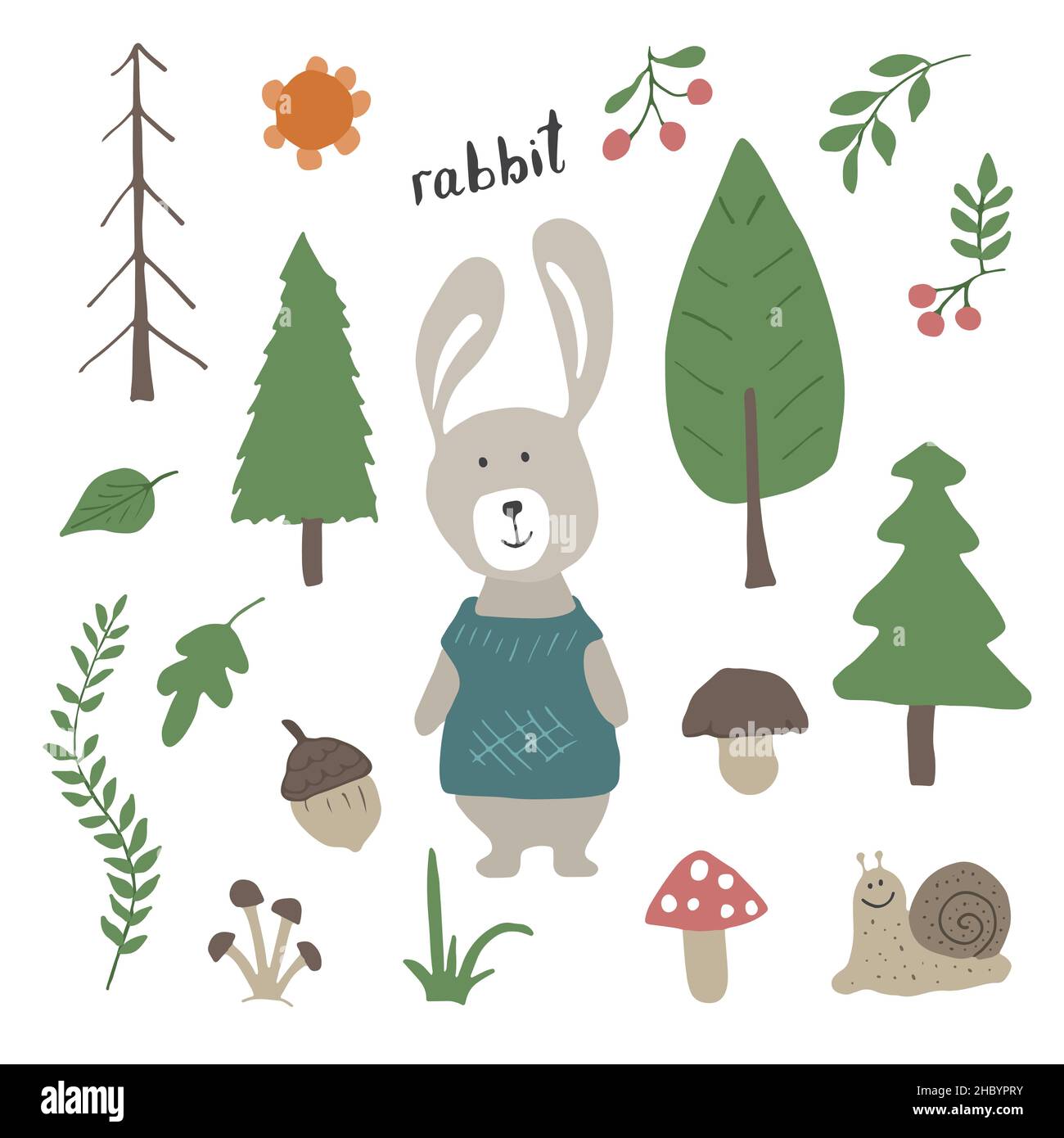 Cute Rabbit in forest. Cartoon Animal in Woodland with trees and plants ...