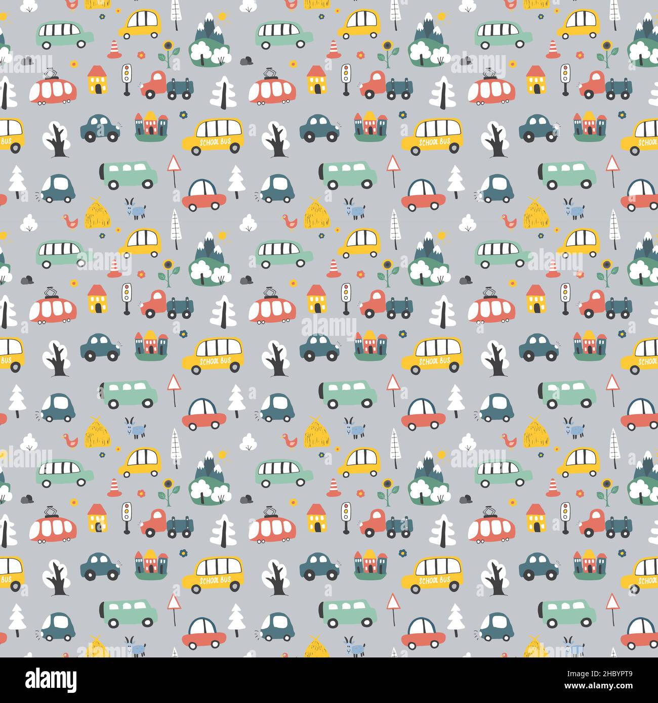 Cute Cars Seamless Pattern, Cartoon transportation Doodles Background ...
