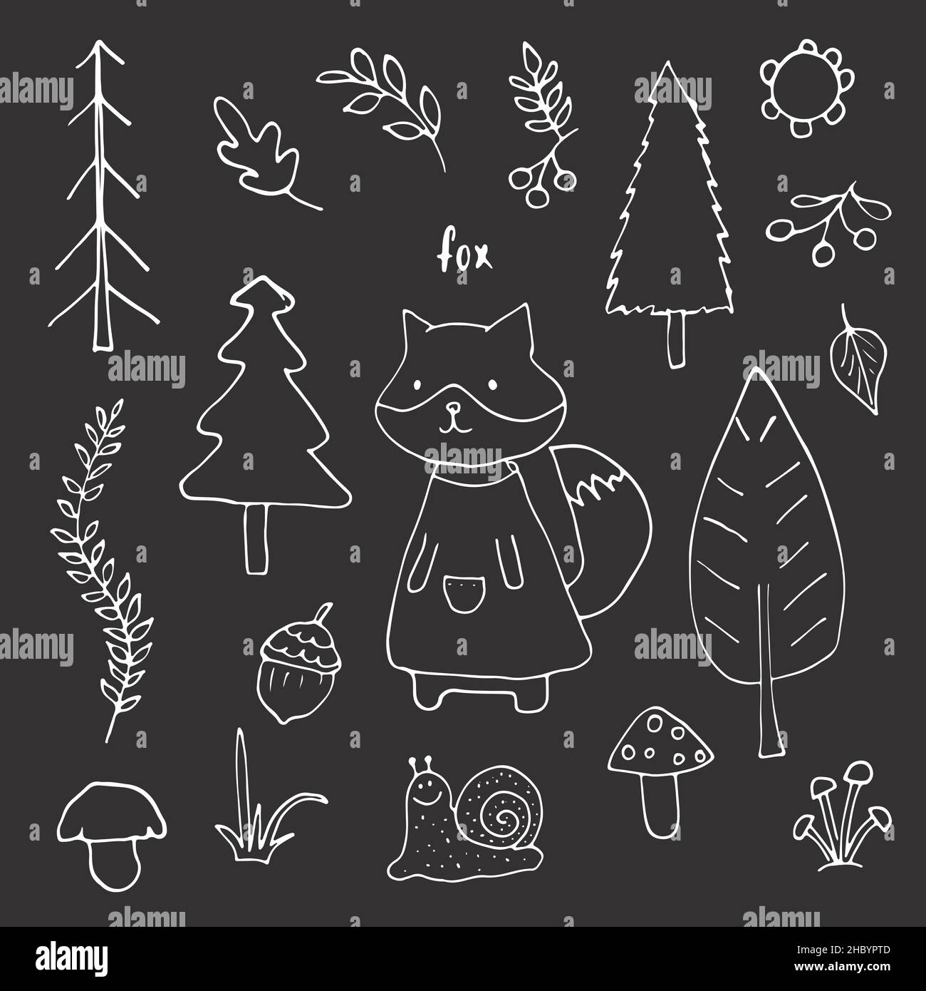 Cute Fox in forest. Cartoon Animal in Woodland with trees and plants ...