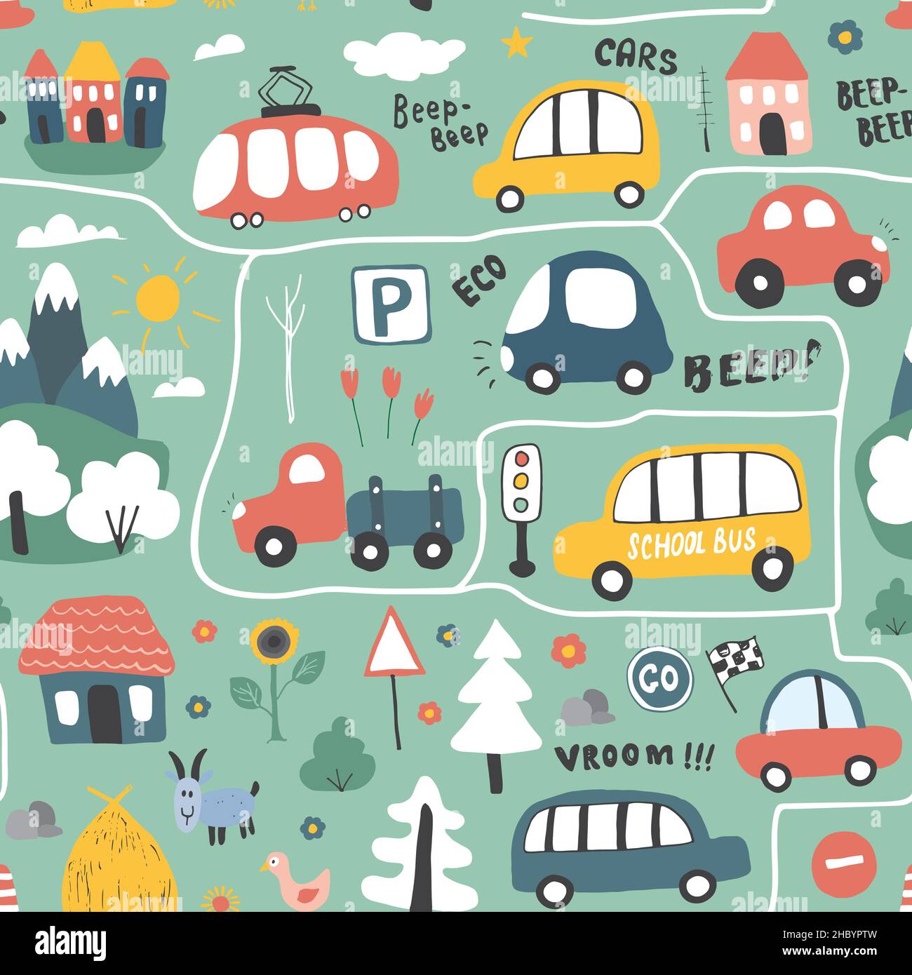 Cute Cars Seamless Pattern, Cartoon transportation Doodles Background ...