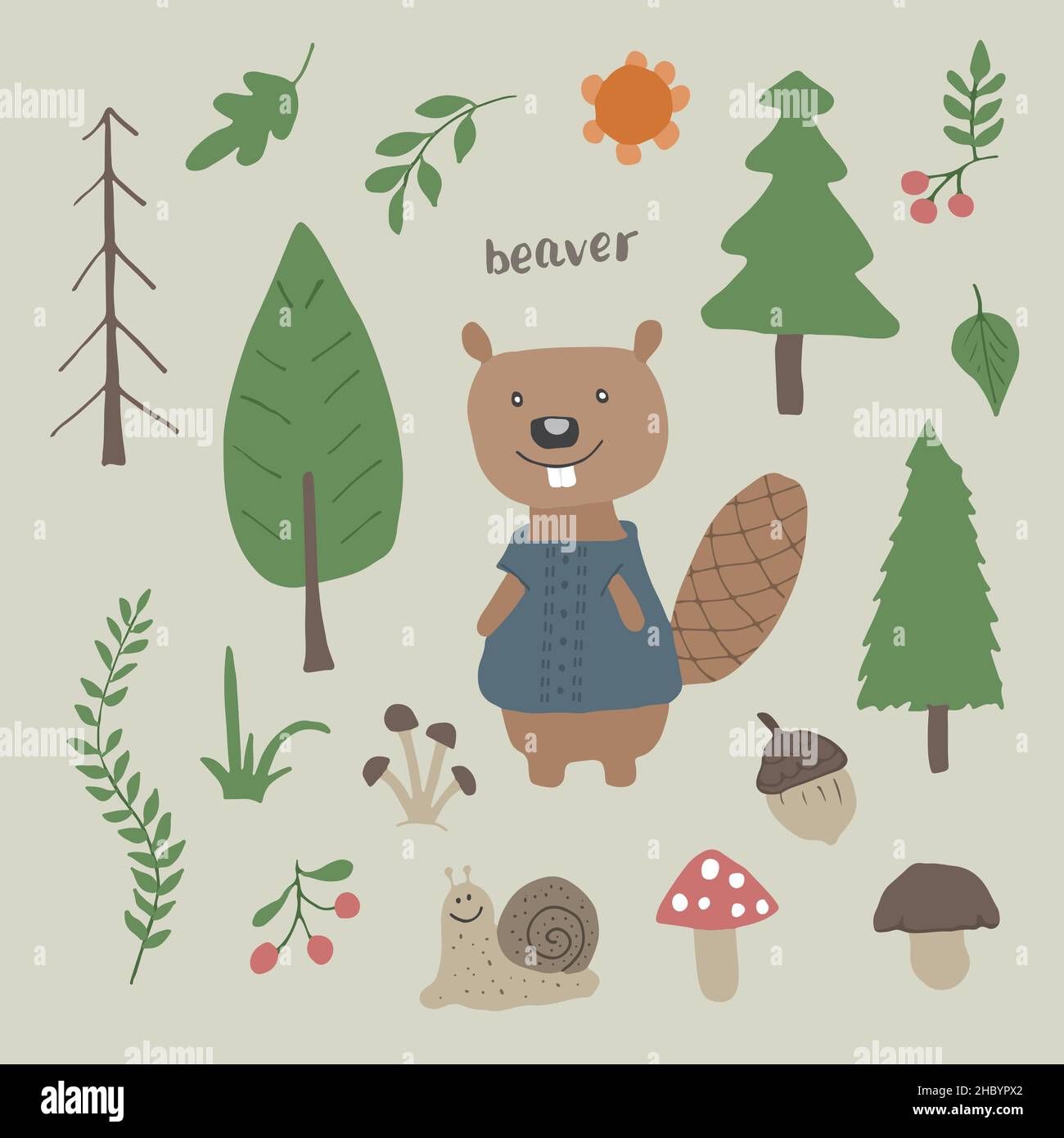 Cute Beaver in forest. Cartoon Animal in Woodland with trees and plants ...