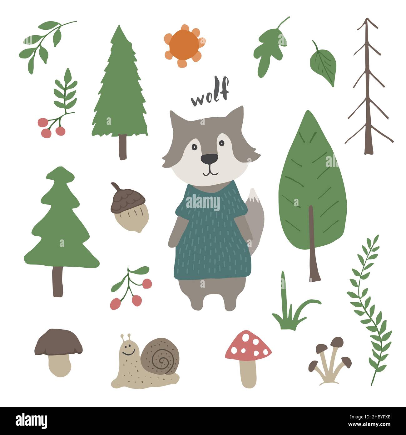 Cute Wolf in forest. Cartoon Animal in Woodland with trees and plants ...