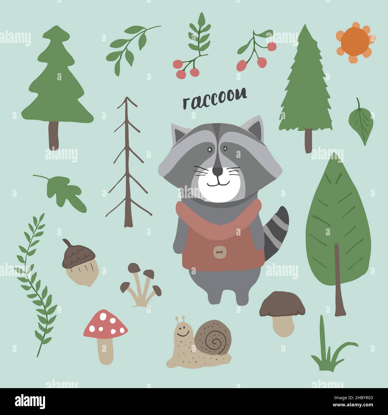 Cute Raccoon in forest. Cartoon Animal in Woodland with trees and ...
