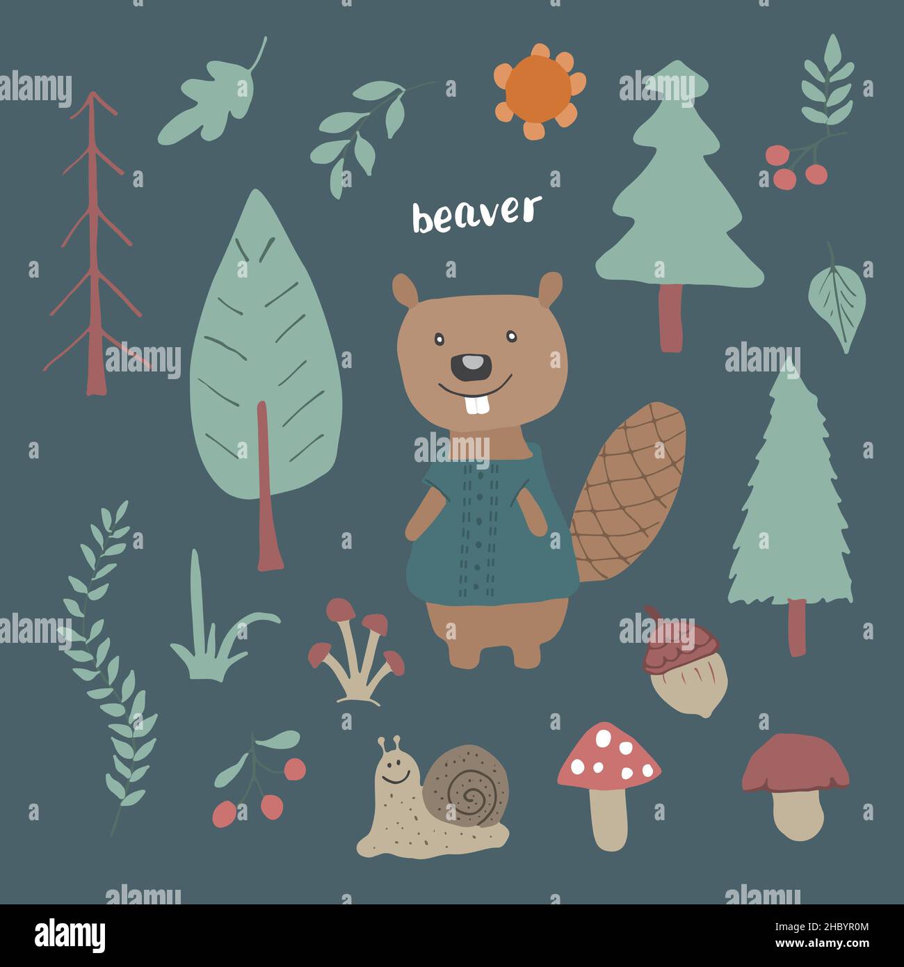 Cute Beaver in forest. Cartoon Animal in Woodland with trees and plants ...