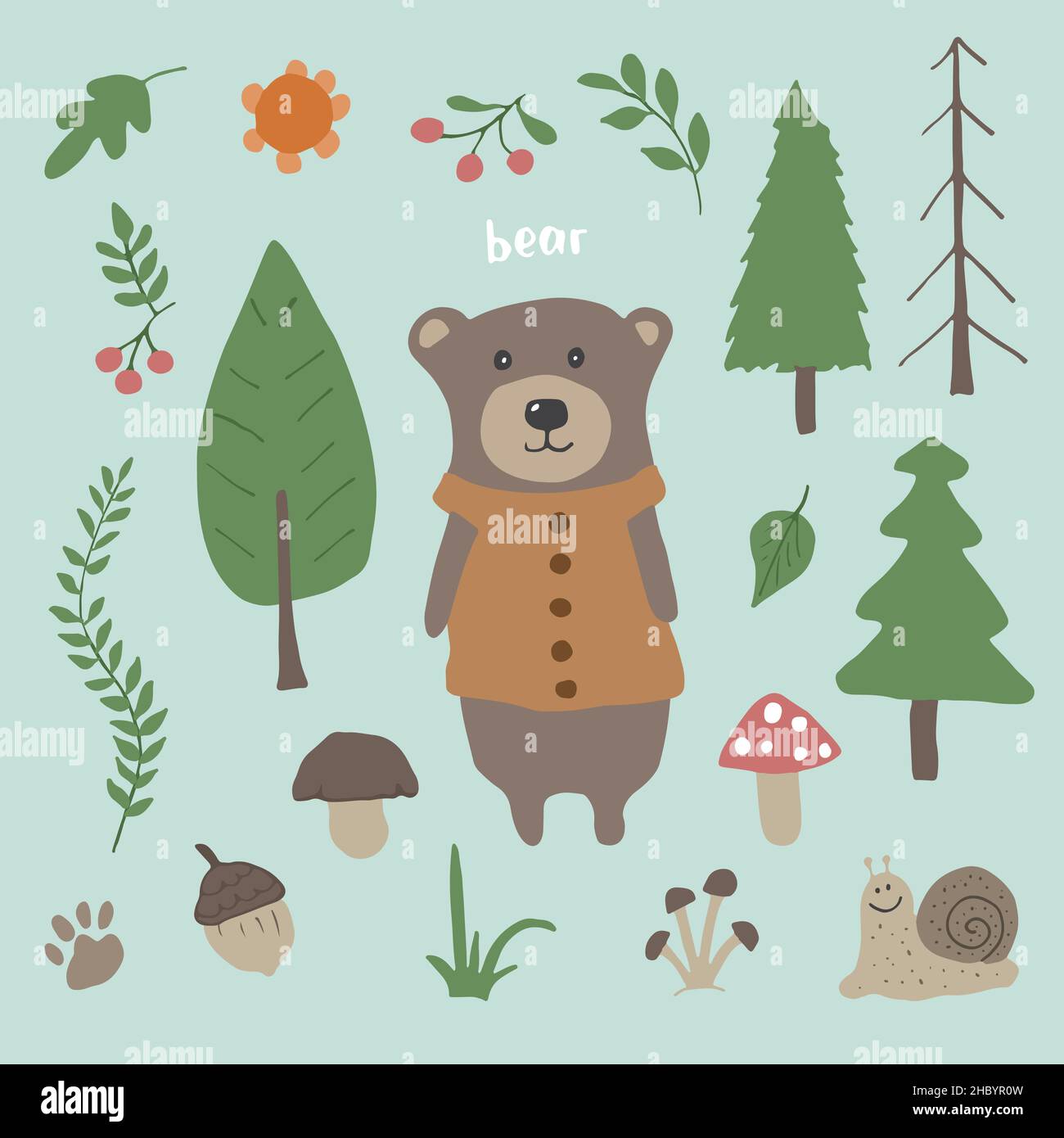 Cute Bear in forest. Cartoon Animal in Woodland with trees and plants ...