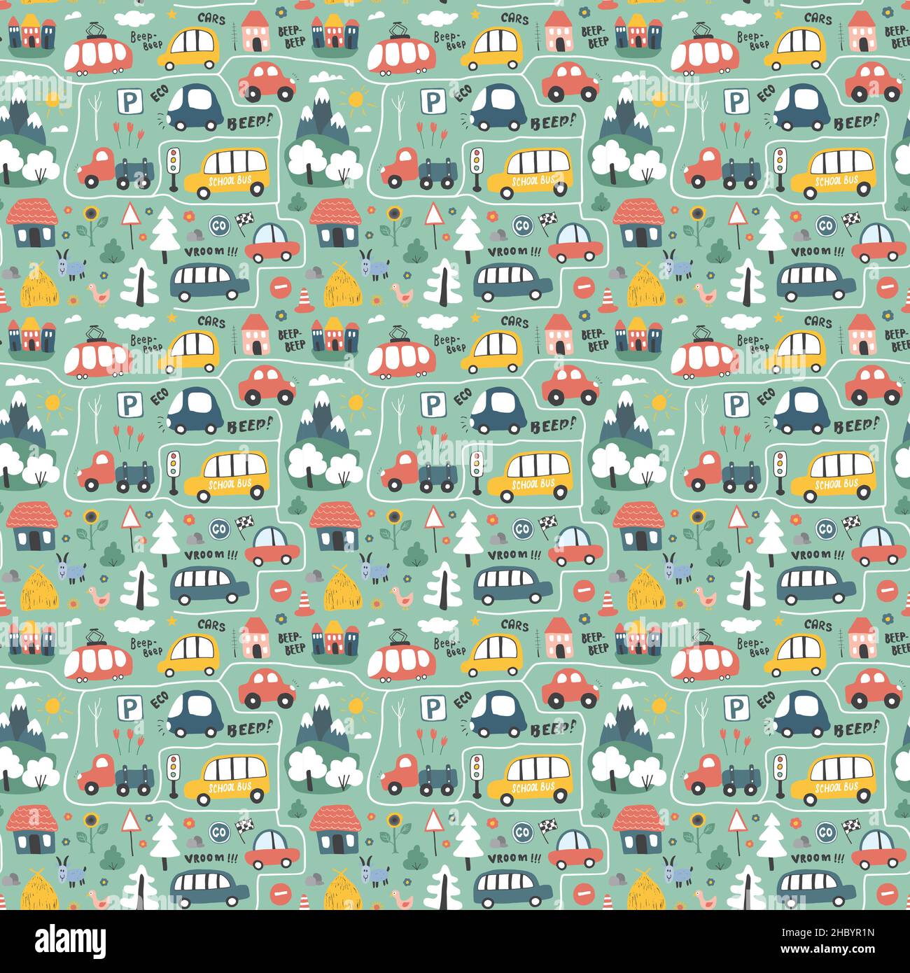 Cute Cars Seamless Pattern, Cartoon transportation Doodles Background ...