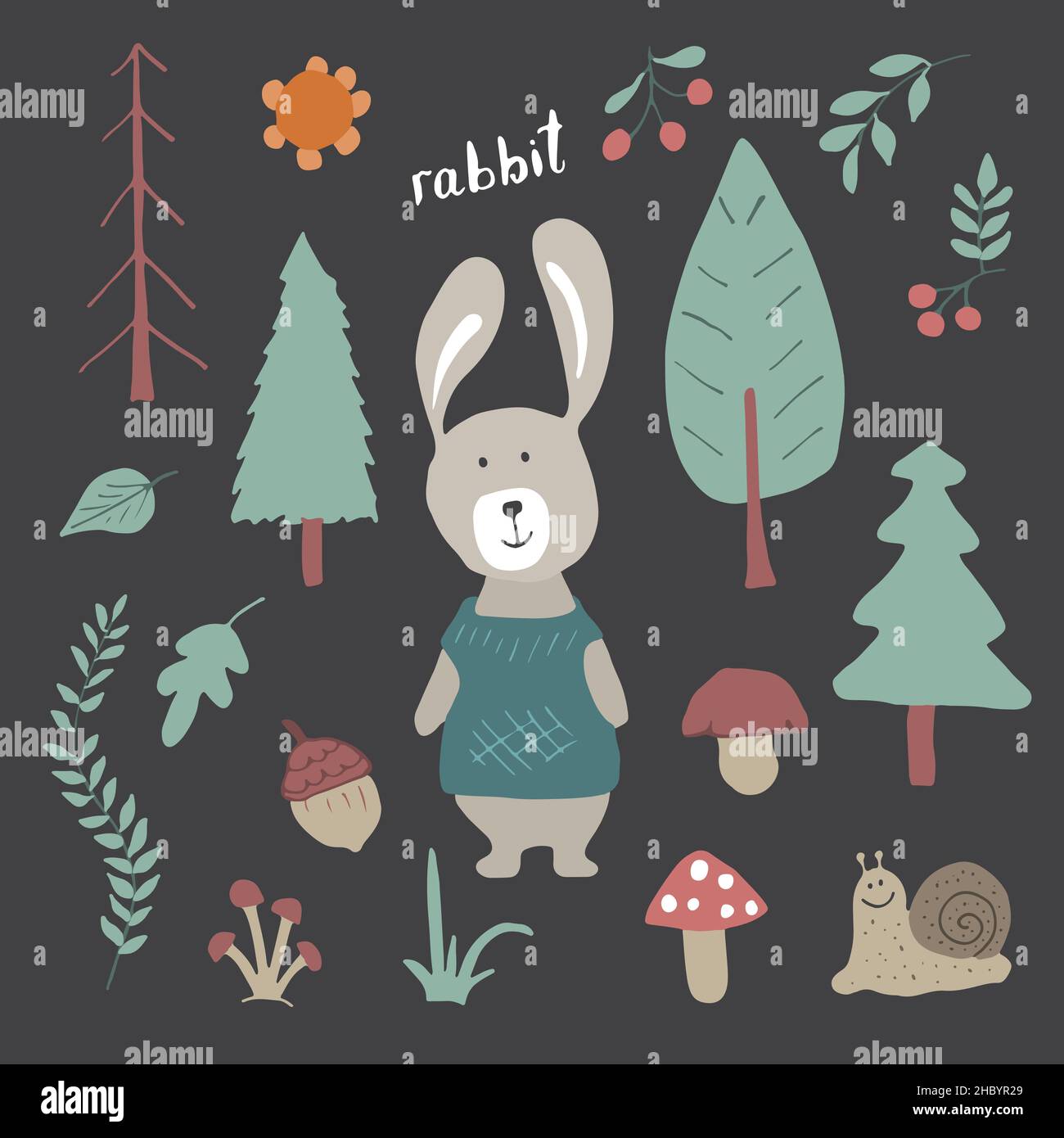 Cute Rabbit in forest. Cartoon Animal in Woodland with trees and plants ...
