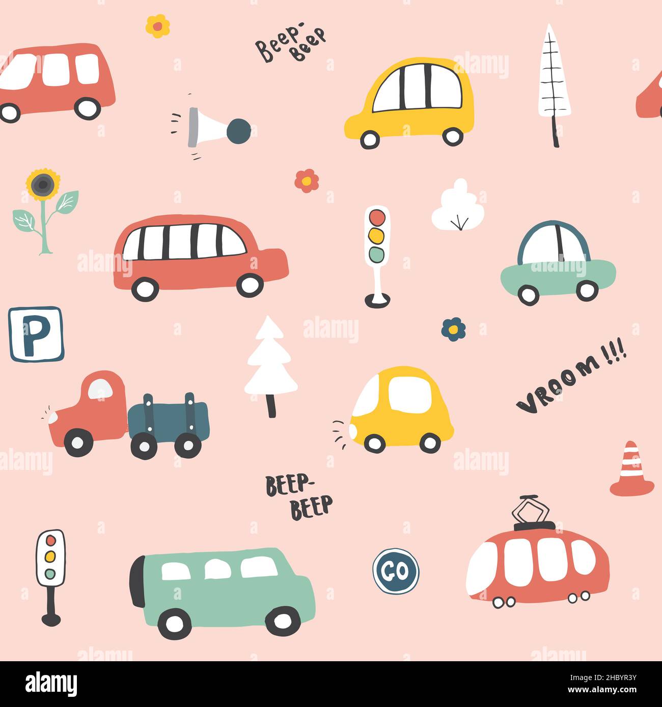Cute Cars Seamless Pattern, Cartoon transportation Doodles Background ...