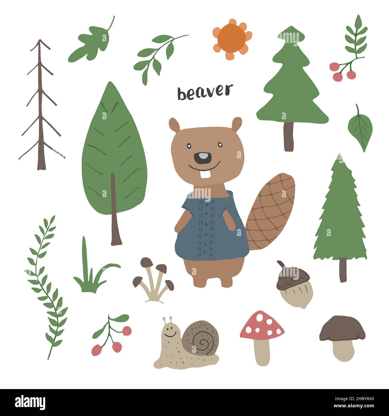 Cute Beaver in forest. Cartoon Animal in Woodland with trees and plants ...