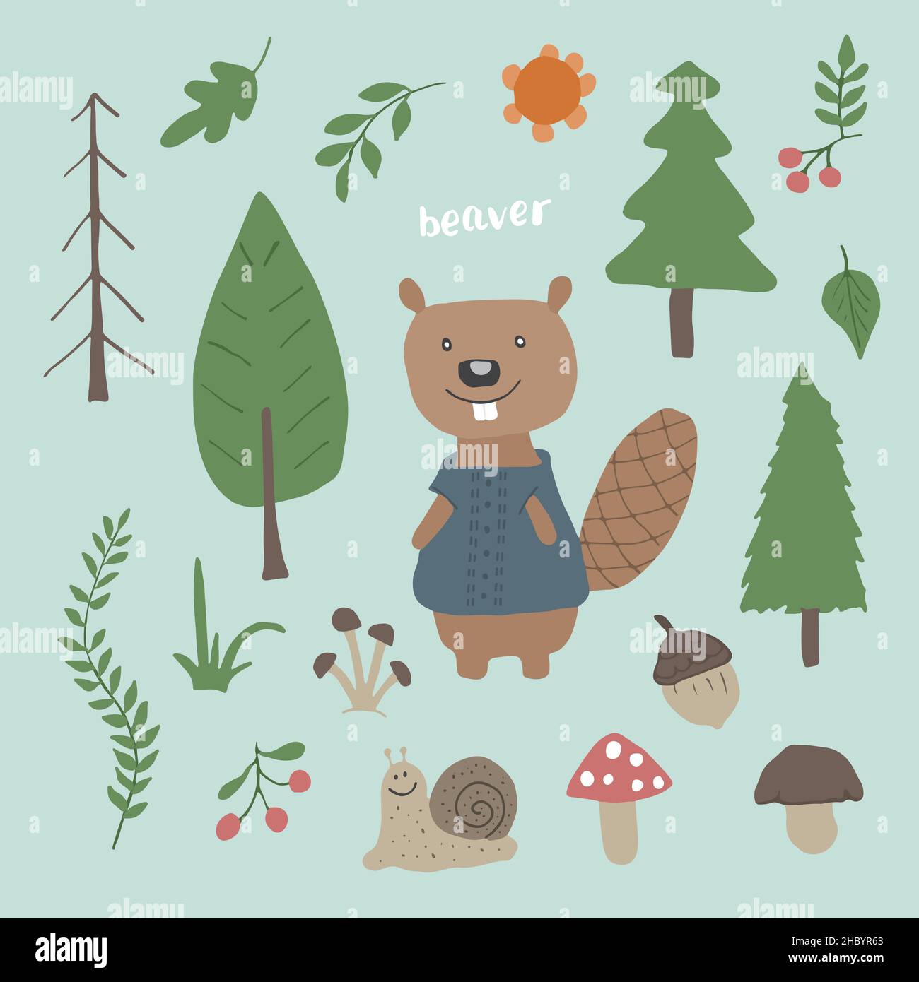 Cute Beaver in forest. Cartoon Animal in Woodland with trees and plants ...