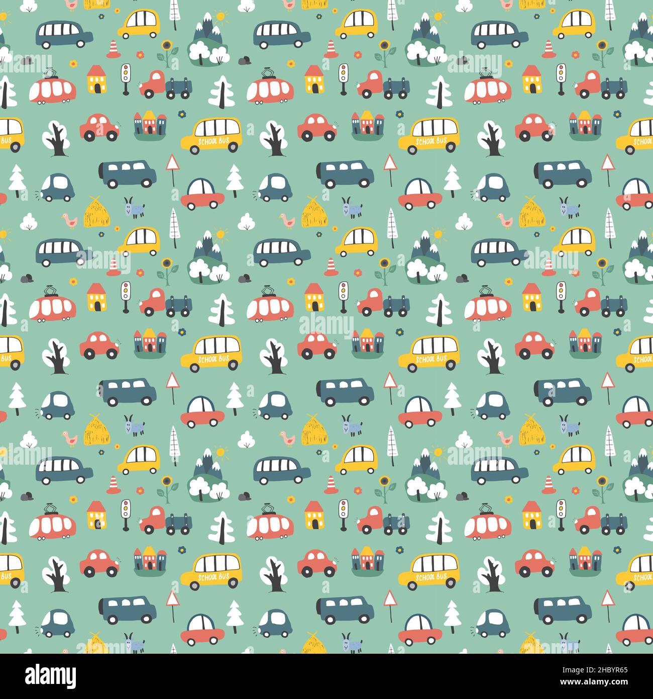 Cute Cars Seamless Pattern, Cartoon transportation Doodles Background ...