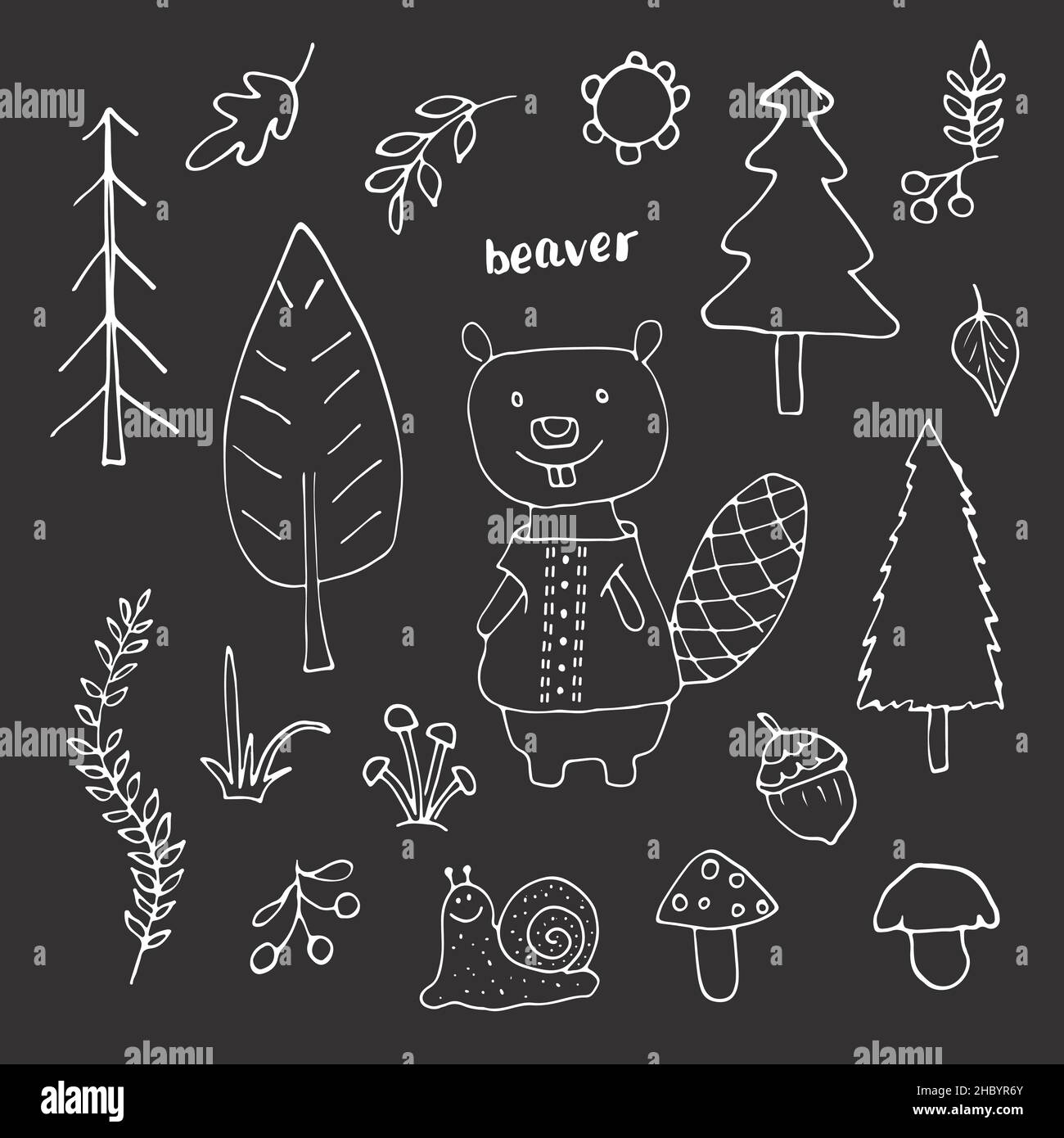 Cute Beaver in forest. Cartoon Animal in Woodland with trees and plants ...