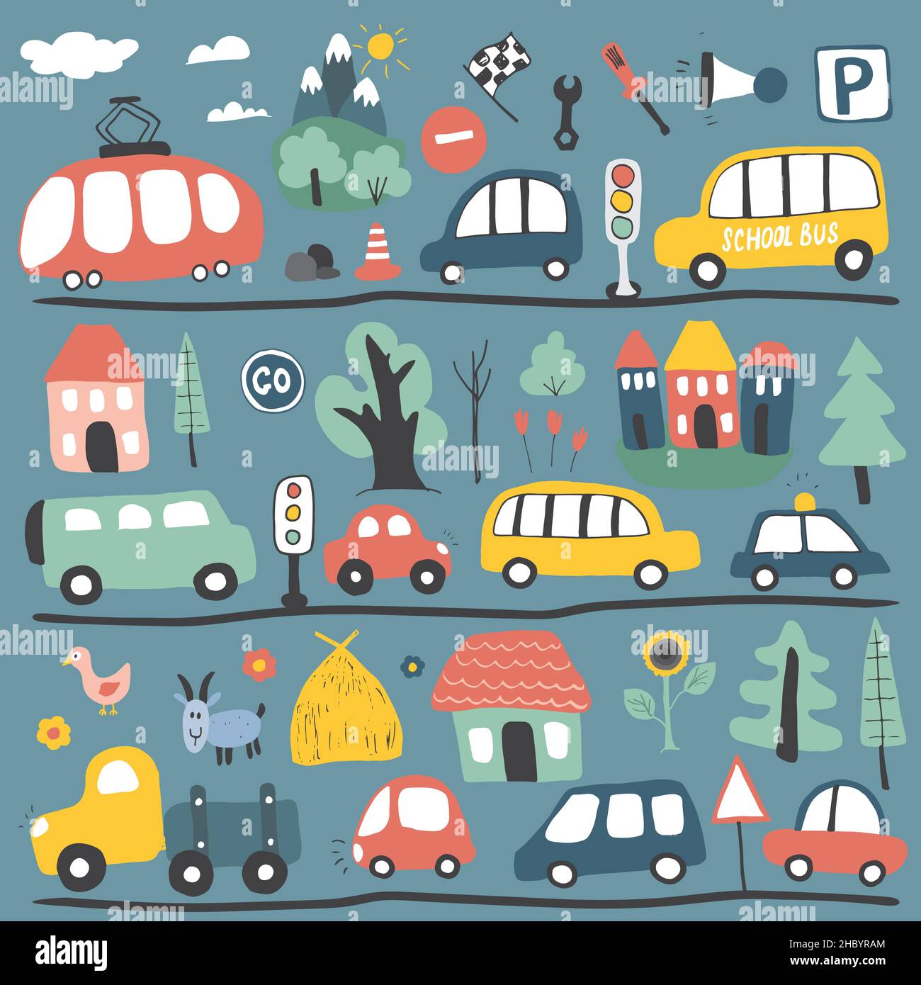 Cars Cartoon Set. Cute transport Doodles collection, vector ...
