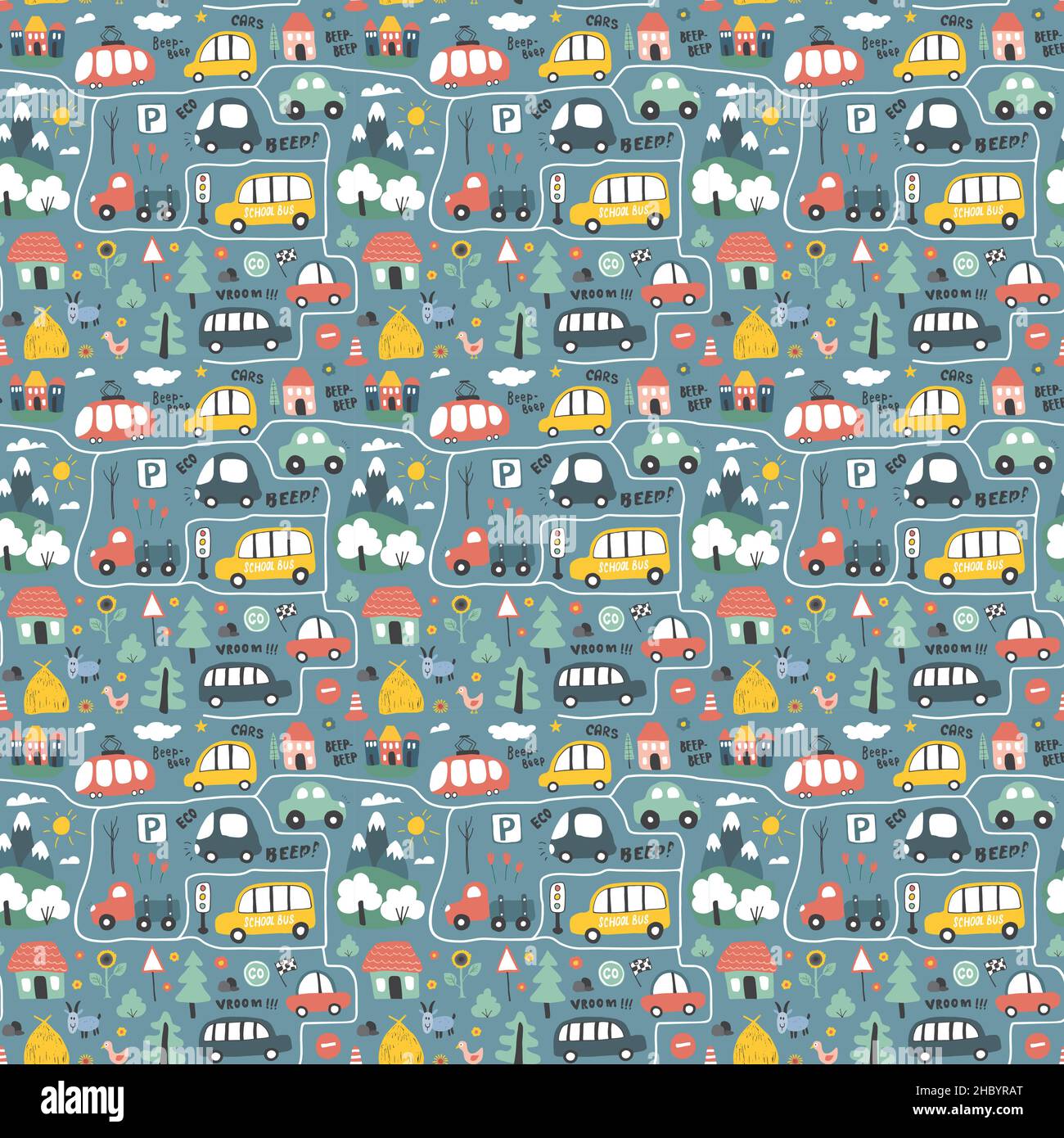 Cute Cars Seamless Pattern, Cartoon transportation Doodles Background ...