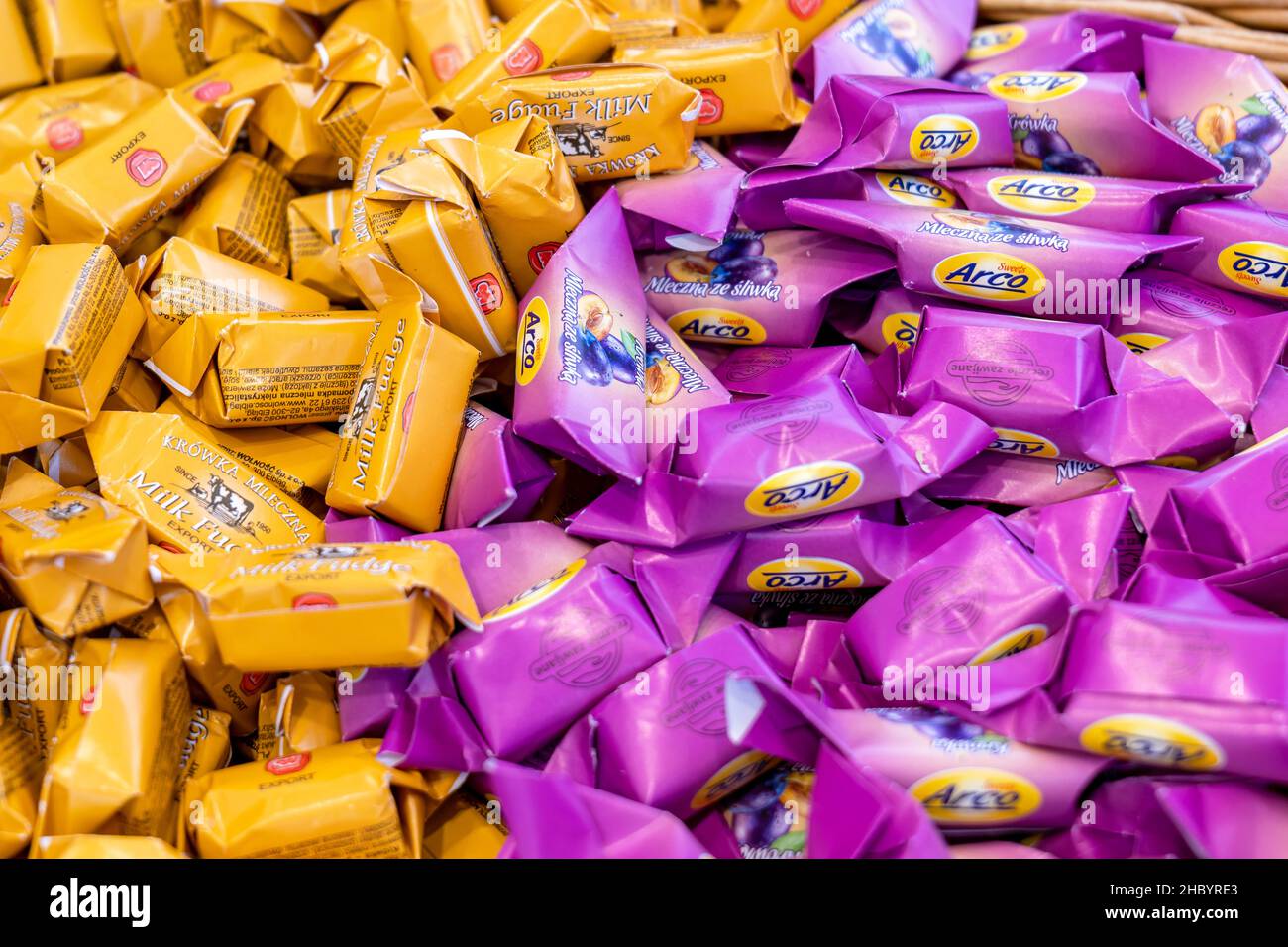 Lots of traditional Polish sweets, flavored fudge, colorful krowki heap ...