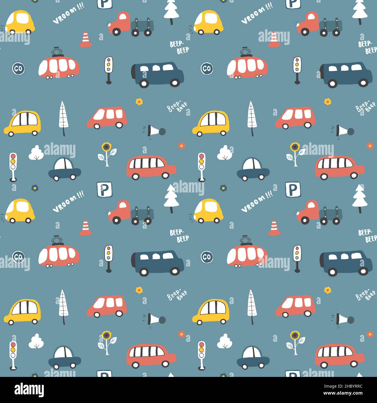 Cute Cars Seamless Pattern, Cartoon transportation Doodles Background ...