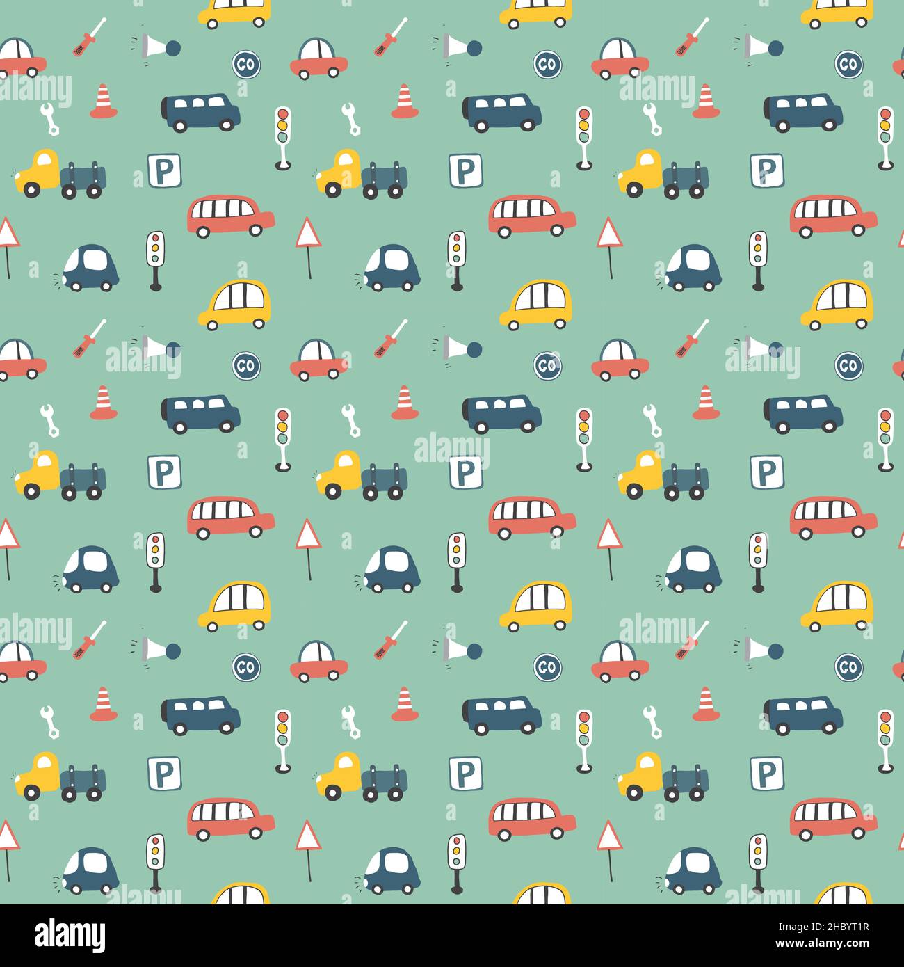 Cute Cars Seamless Pattern, Cartoon transportation Doodles Background ...