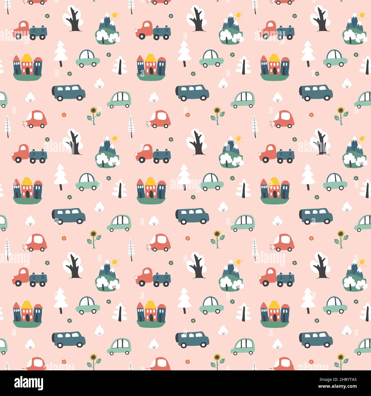 Cute Cars Seamless Pattern, Cartoon transportation Doodles Background ...