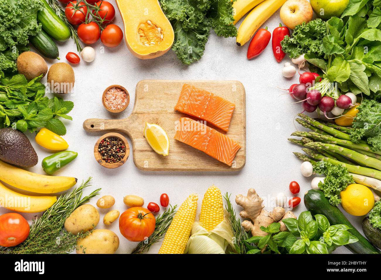 Healthy food menu: fish meat, vegetables, eggs and nuts. Diet menu ...
