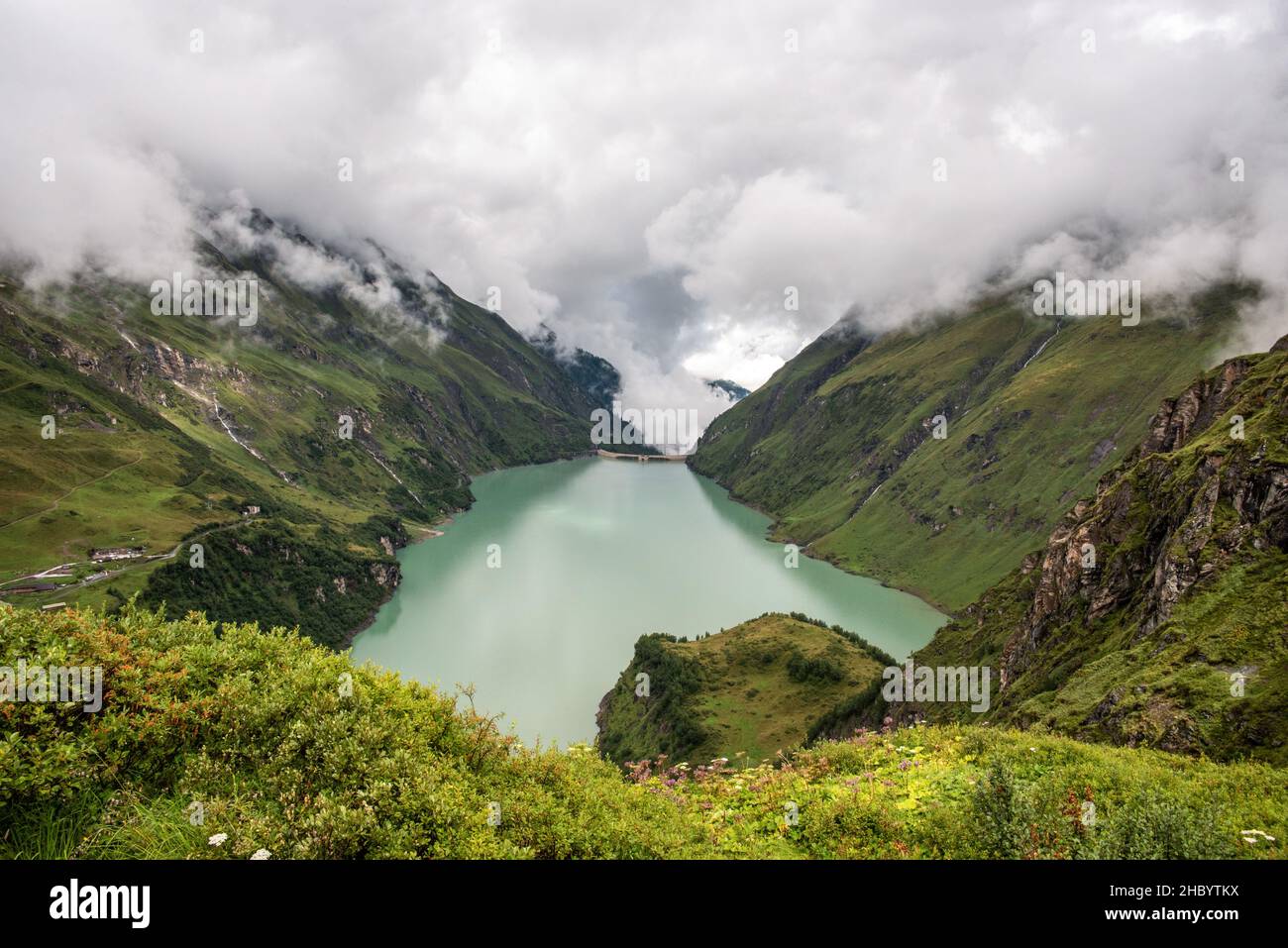 Scenic panoramic view from the reservoirs and its alpine landscape near ...
