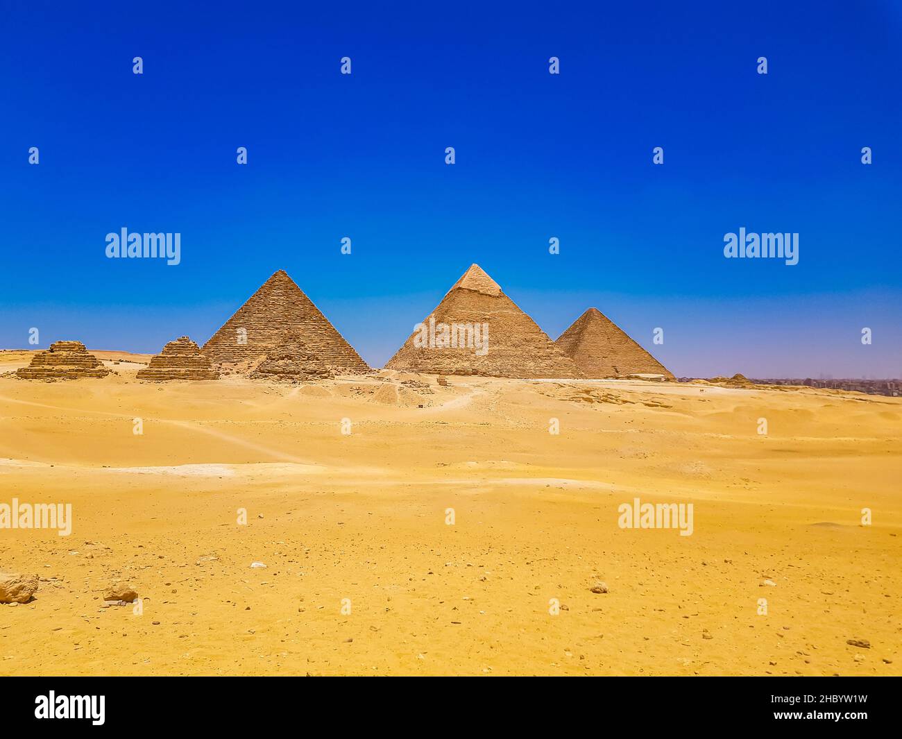Pyramids at Giza, Egypt, view from the plateau to the south of the ...