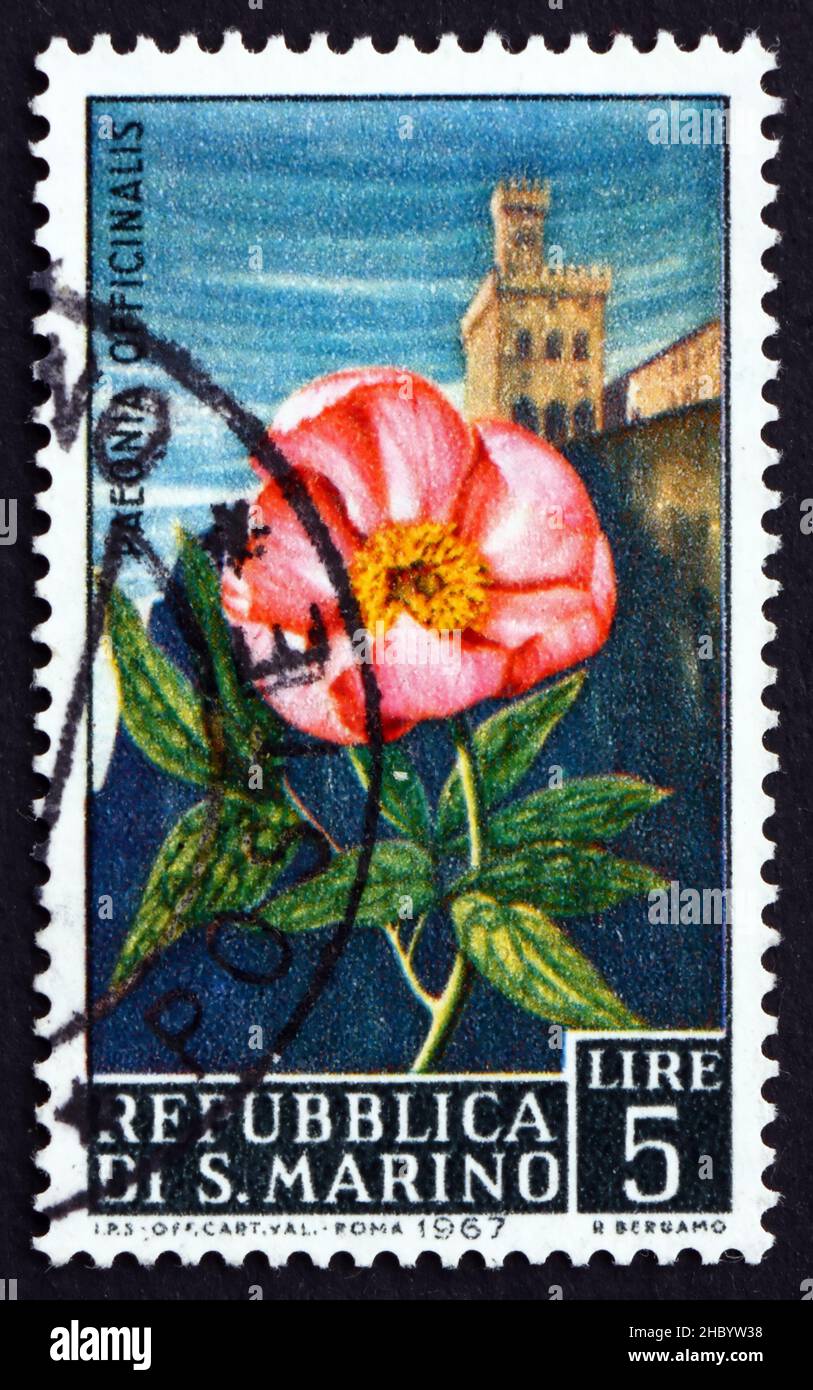 SAN MARINO - CIRCA 1967: a stamp printed in the San Marino shows Peony ...