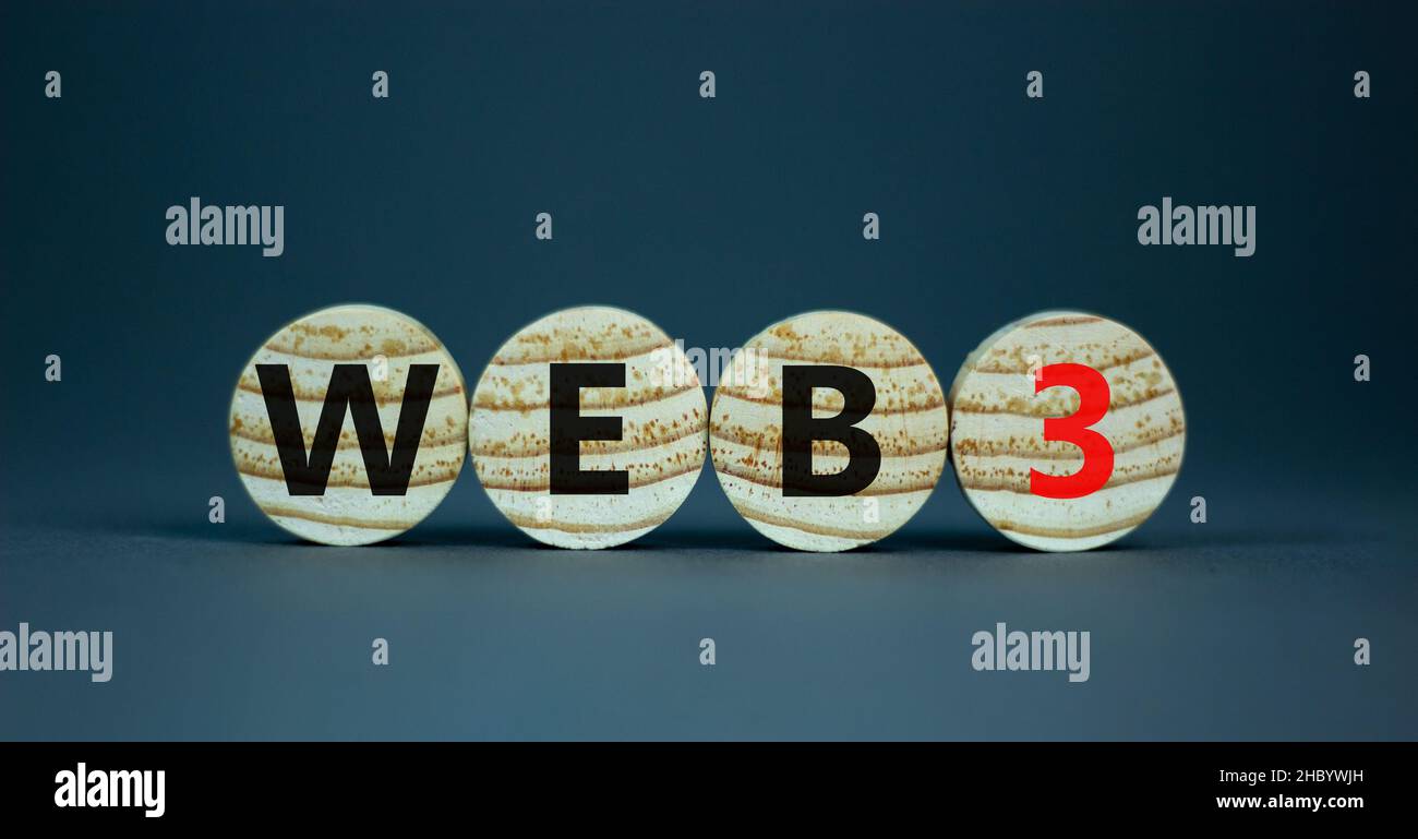 WEB3 or web 3 symbol. Wooden circles with concept words WEB 3 ...