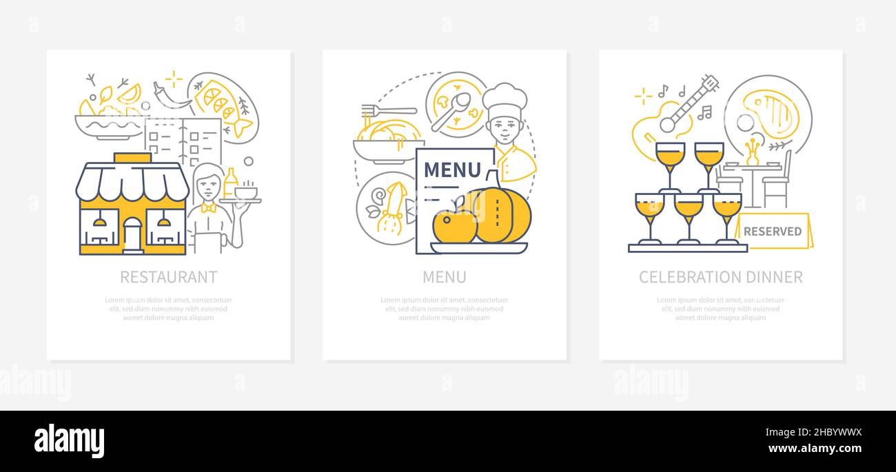 Dinner at the restaurant - modern line design style banners set on ...