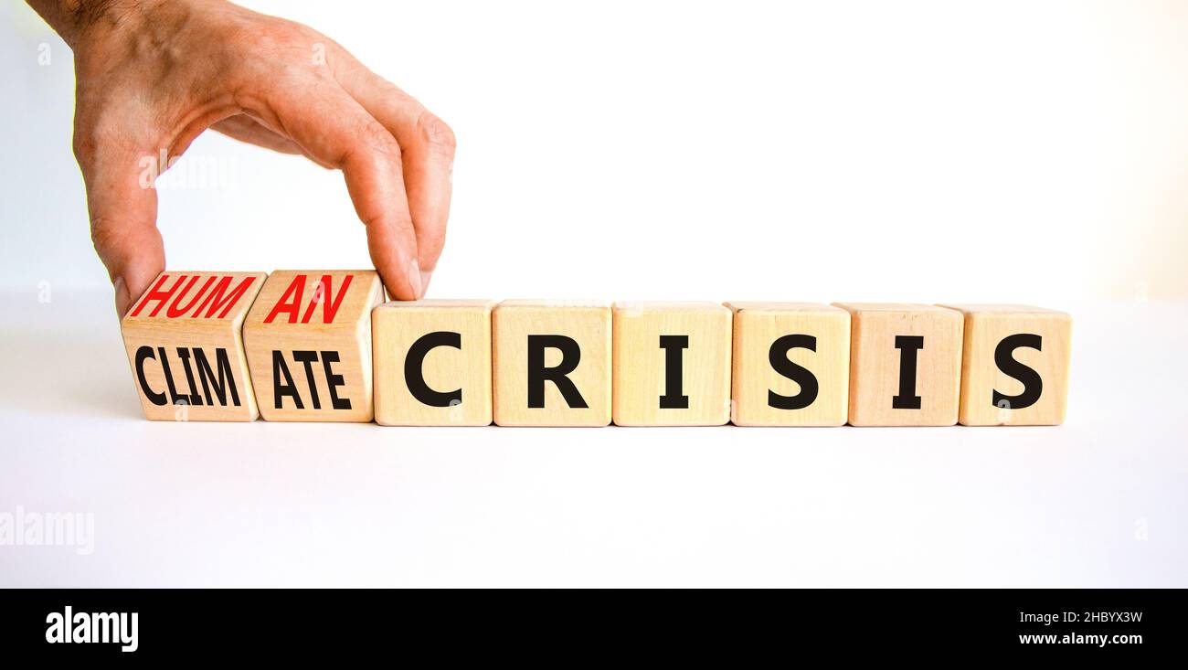 Climate or human crisis symbol. Businessman turns wooden cubes and ...