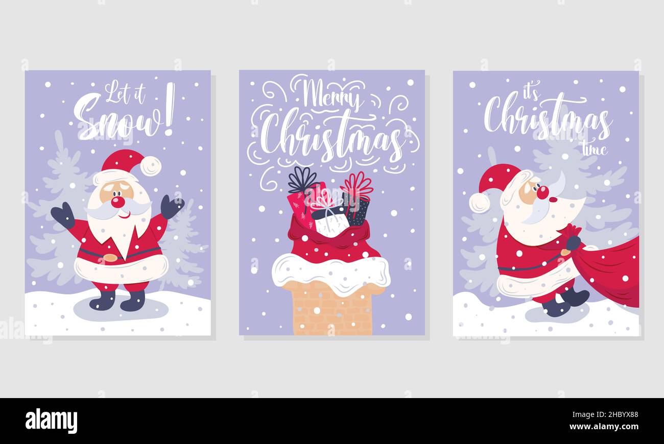 Vector Merry Christmas and Happy New Year greeting cards with cute ...