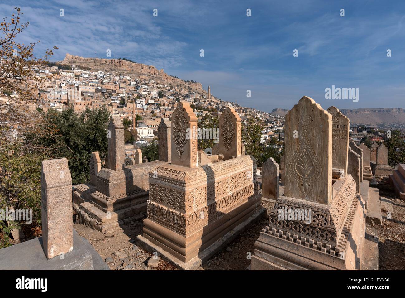 Old Cemetery with the old city of Mardin in Southeastern Anatolia of ...